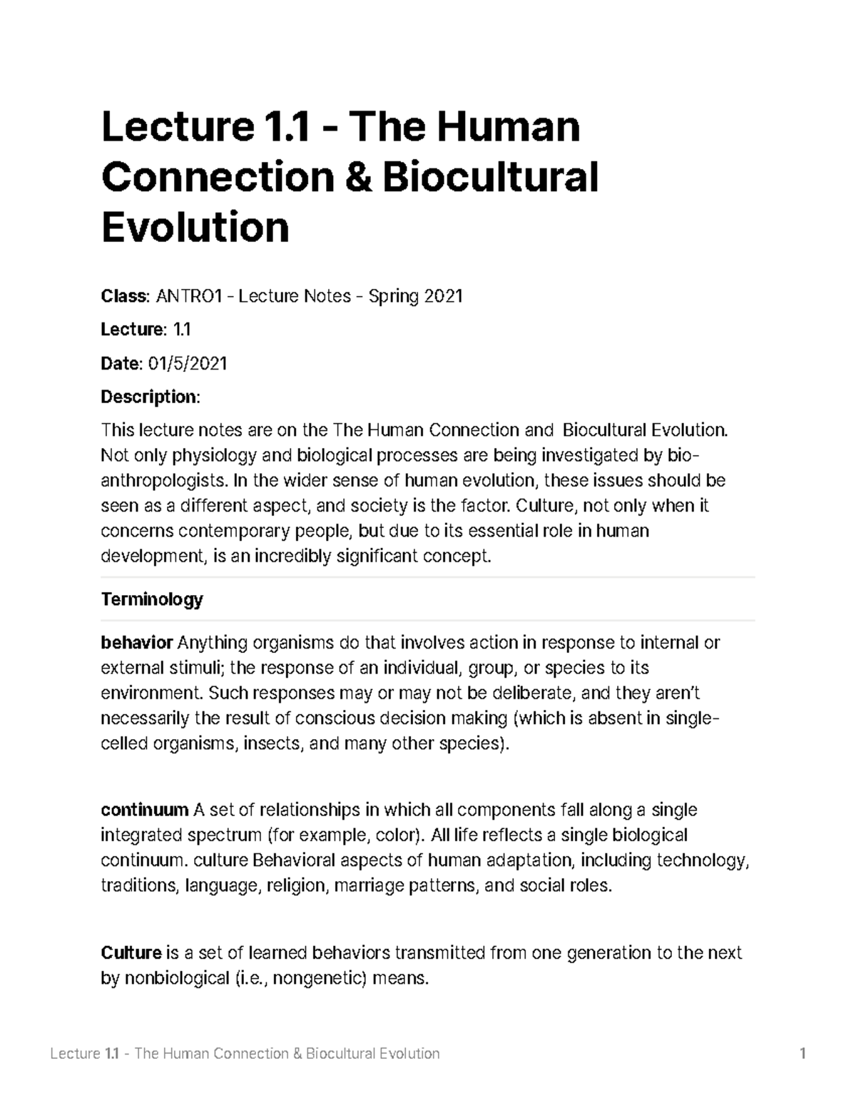 Lecture 1 - Lecture 1 - The Human Connection & Biocultural Evolution ...