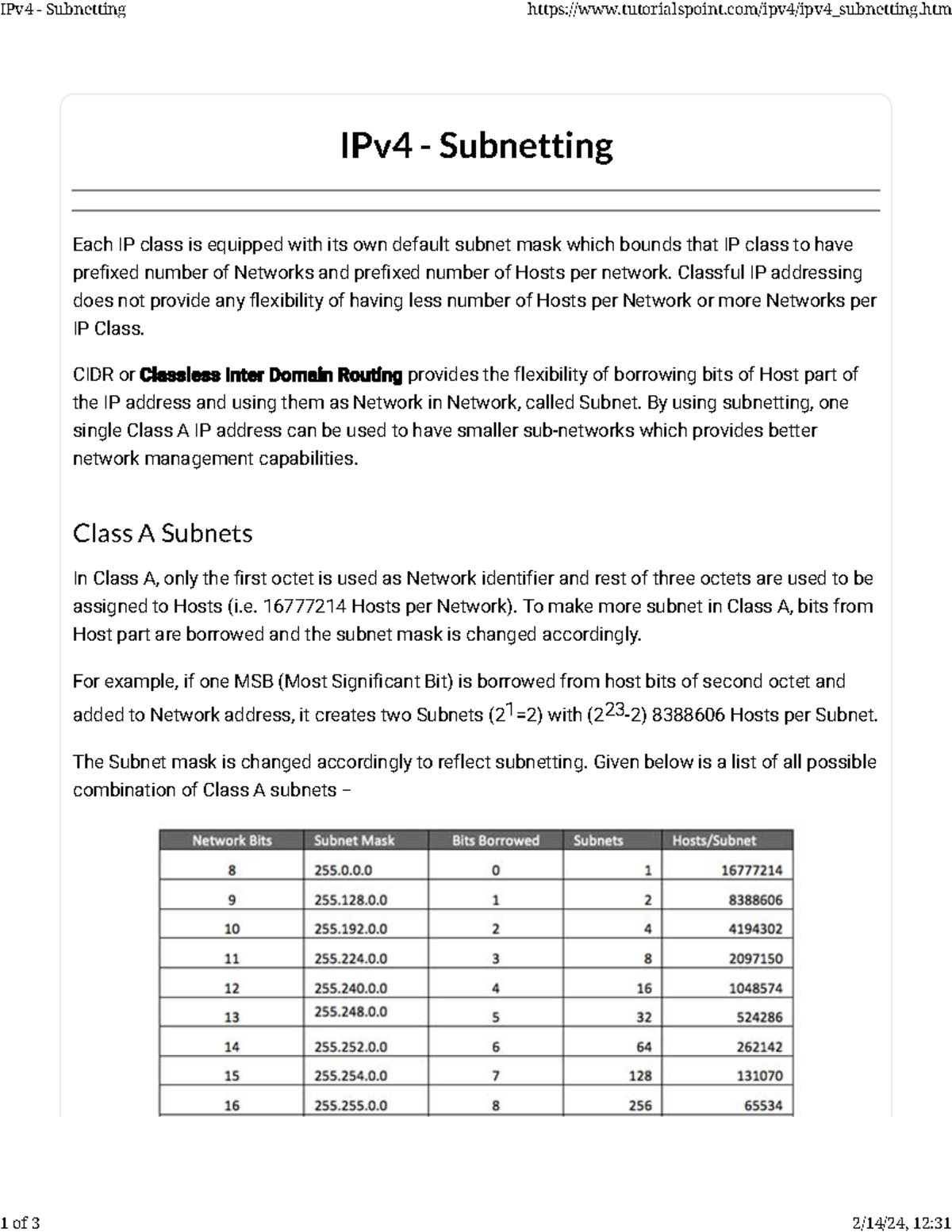 Subnetting Summary Computer Science Ipv4 Subnetting Each Ip Class Is Equipped With Its Own