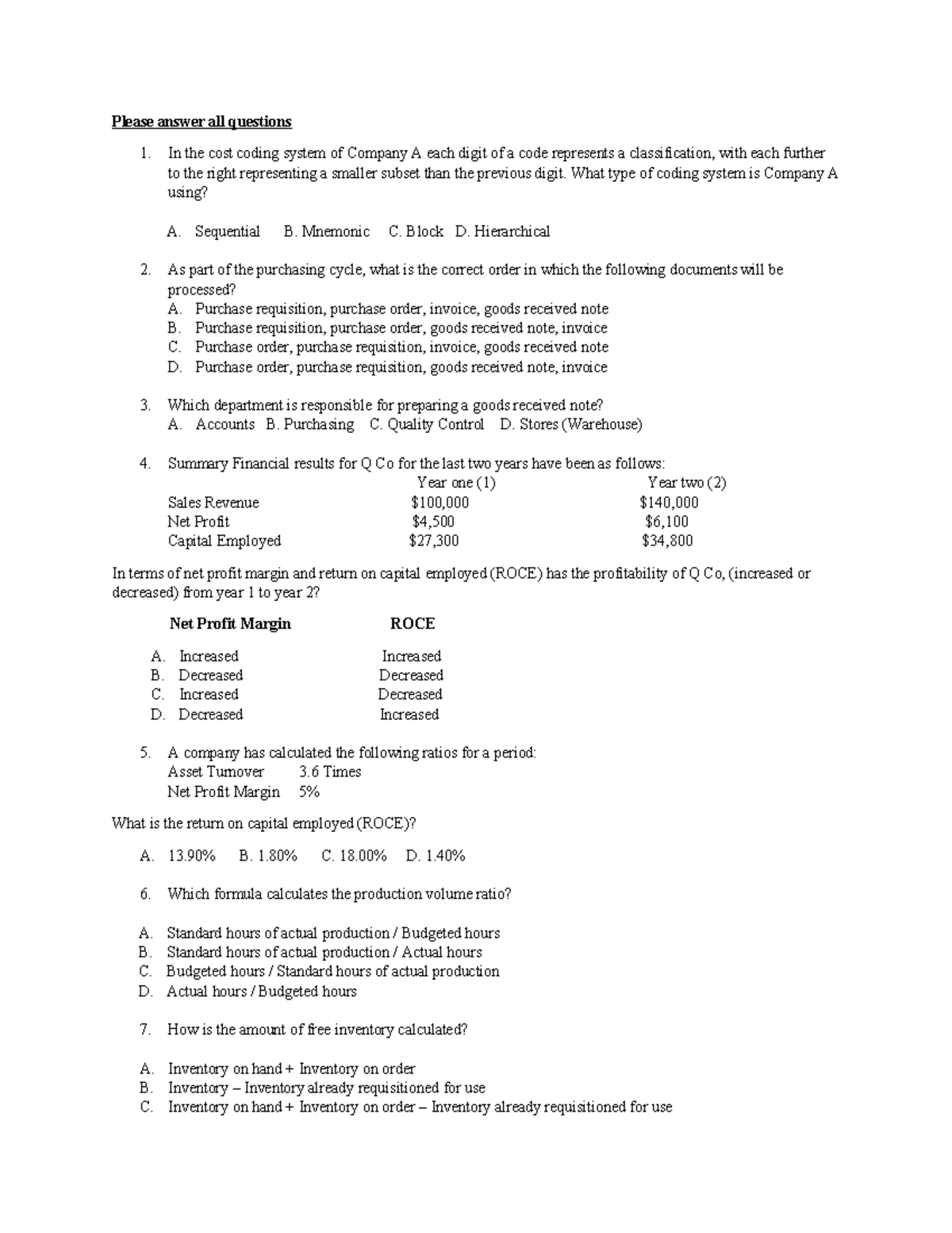 STAT 5002 quiz - questions - Please answer all questions 1. In the cost ...