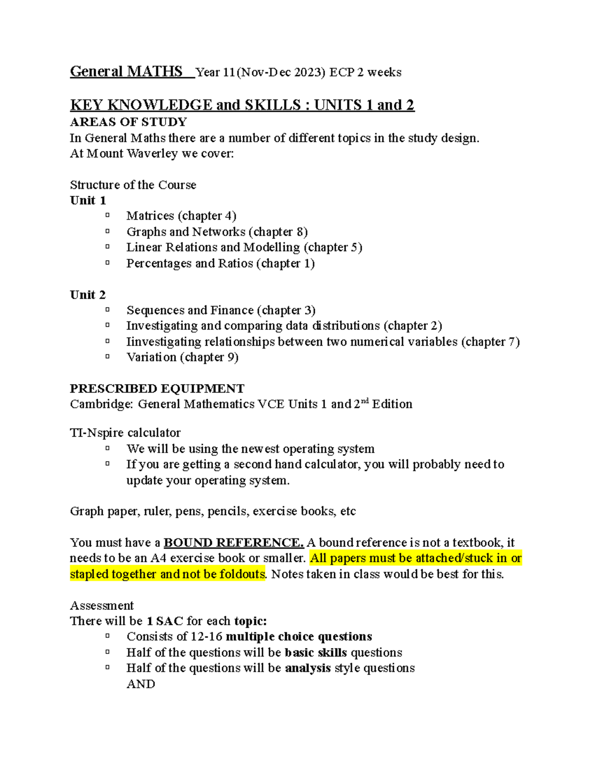 ECP General Maths 2023 to 2024 Booklet - General MATHS Year 11(Nov-Dec ...