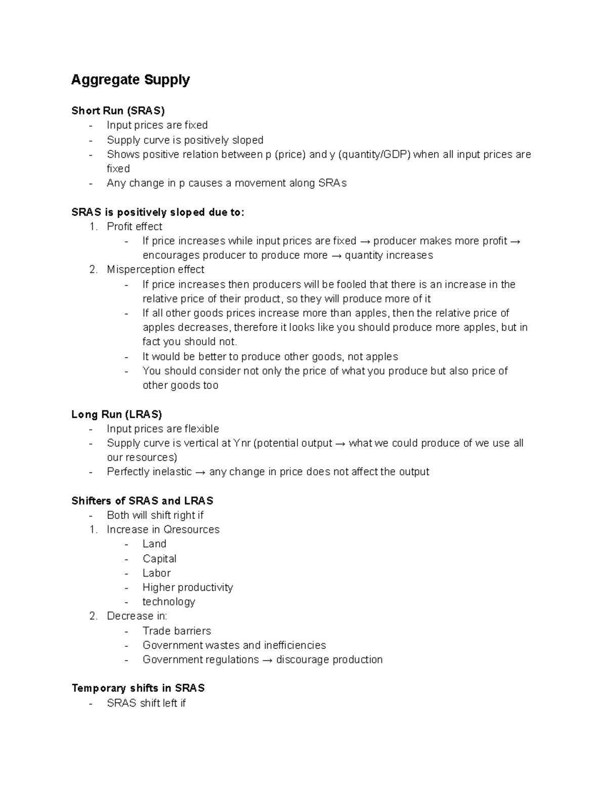 Ch 9 Notes - Aggregate Supply Short Run (SRAS) - Input prices are fixed ...
