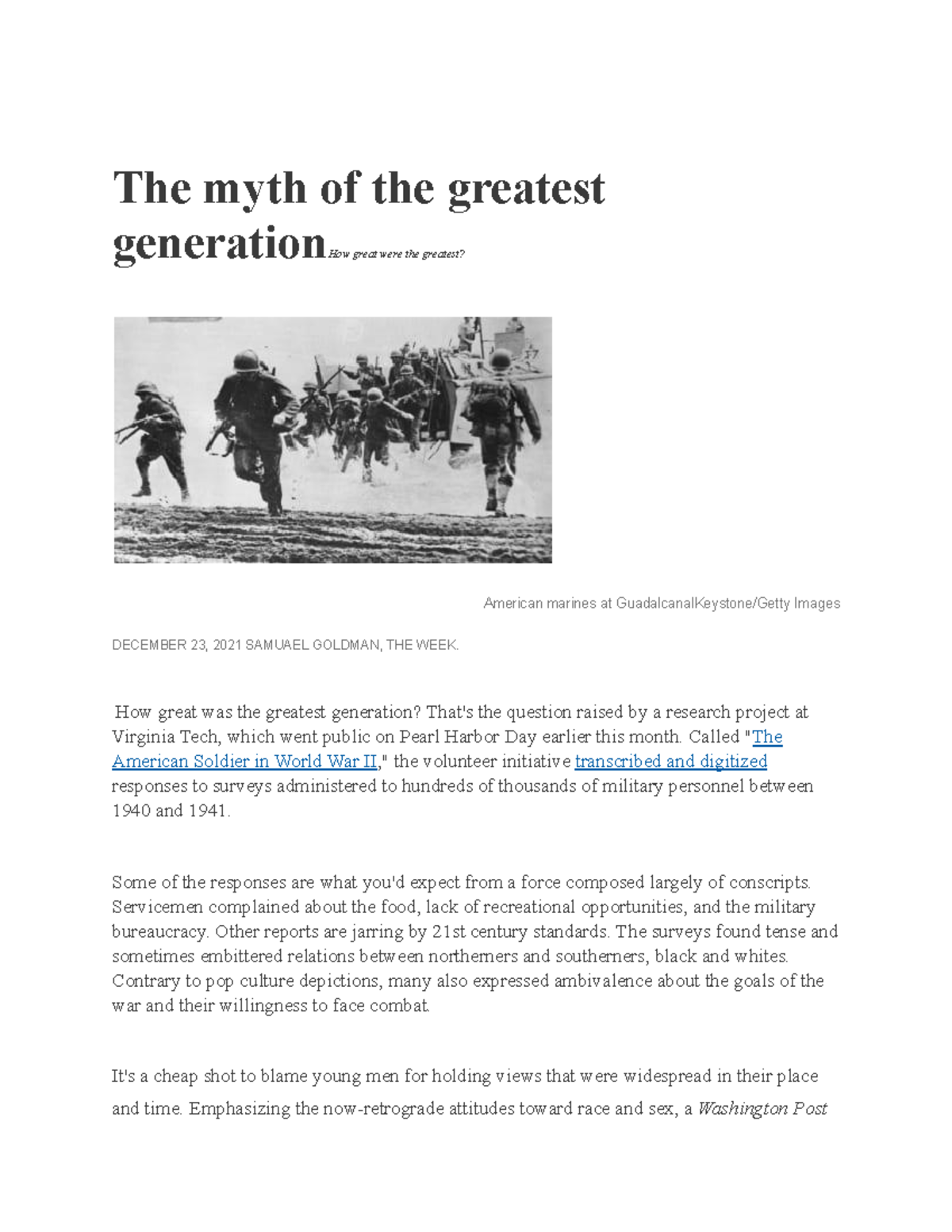 "Myth of the Greatest Generation" WWII-USII - The myth of the greatest ...