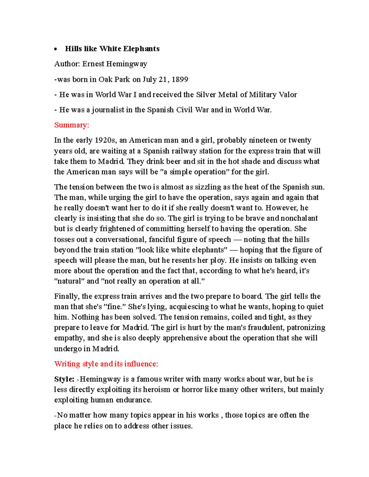 Hills like White Elephants - Hills like White Elephants Author: Ernest ...