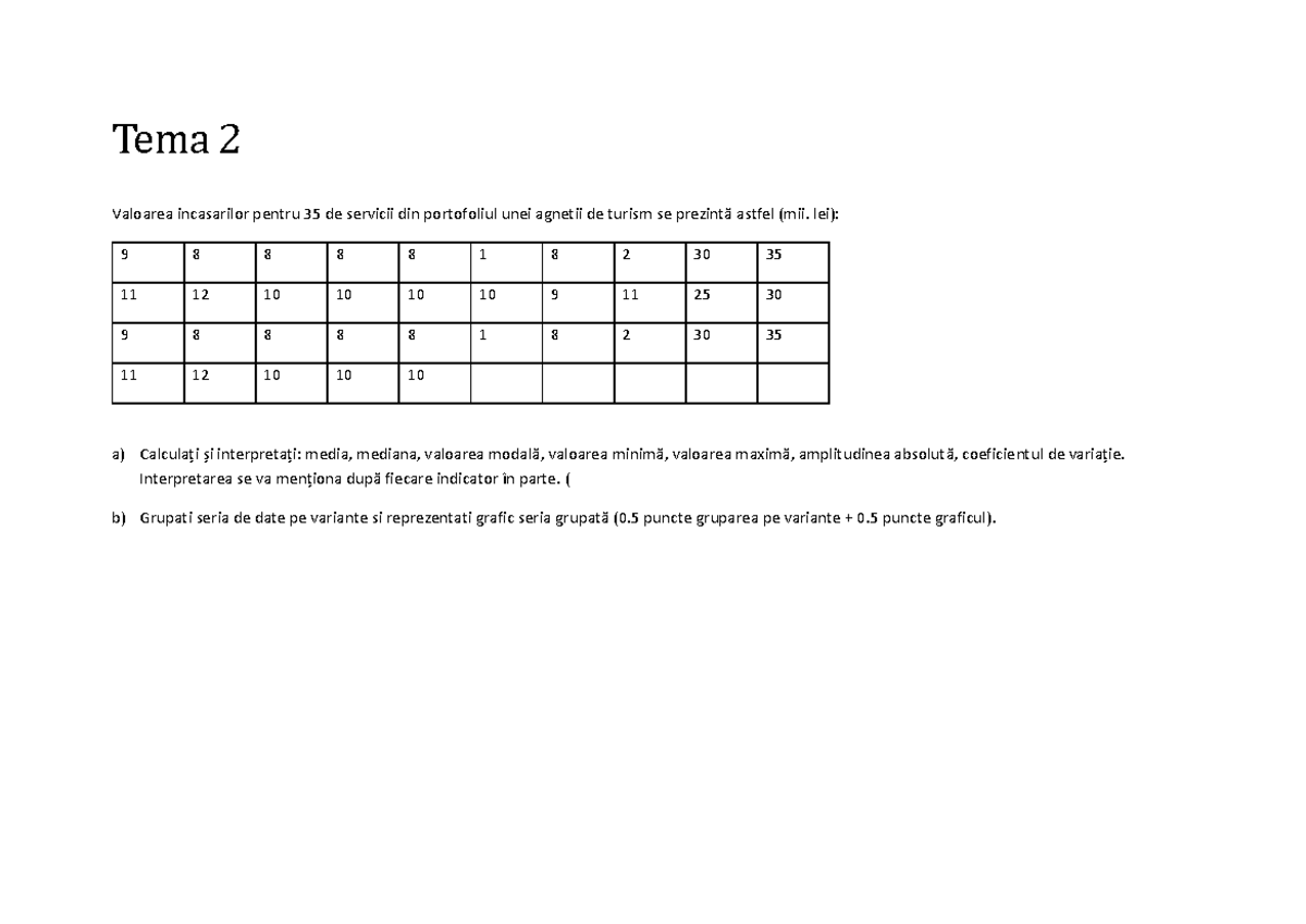 Tema 2 - Subiecte tema2 statistica - Tema 2 Valoarea incasarilor pentru 35 de servicii din - Studocu