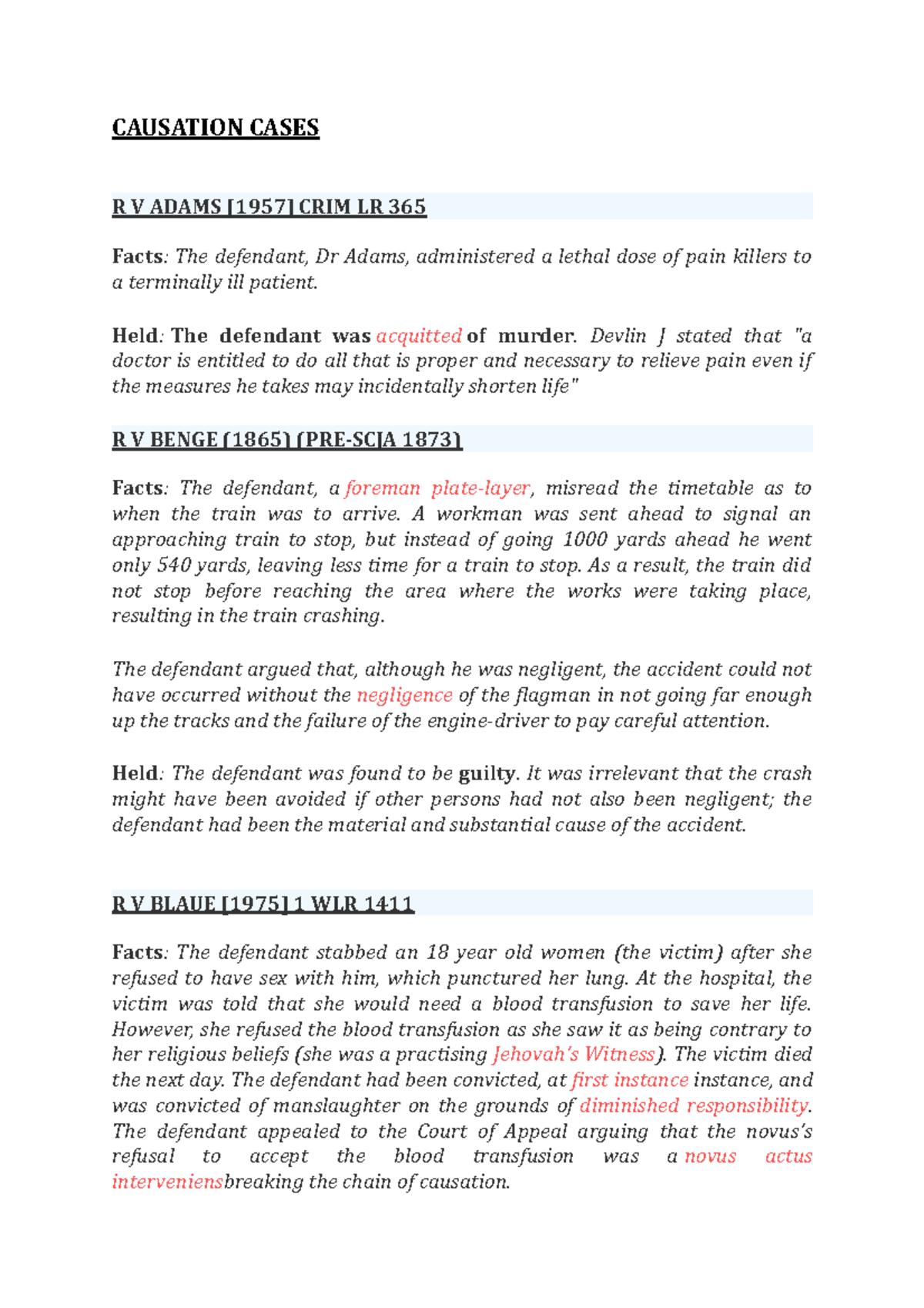 Causation Cases - CAUSATION CASES R V ADAMS [1957] CRIM LR 365 Facts ...