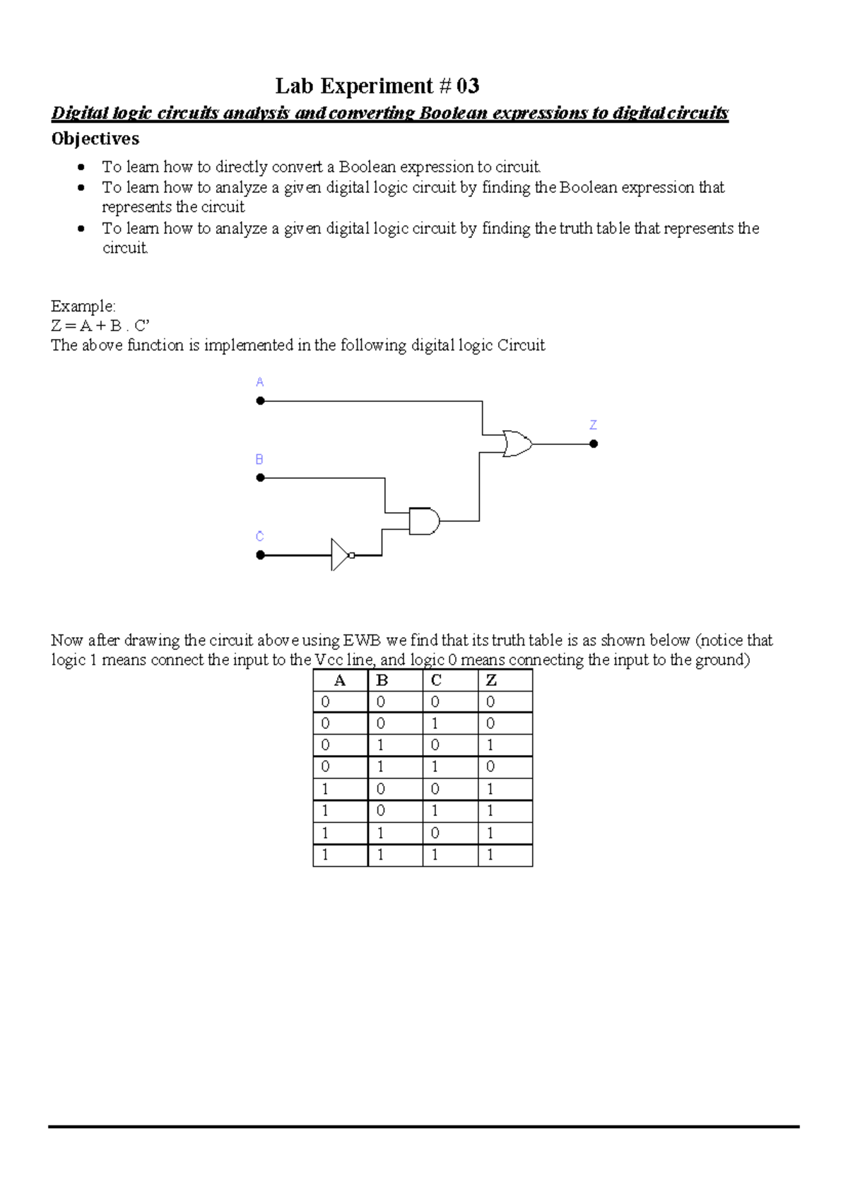 CS302 - Lab Manual - Week No - Lab Experiment # 03 Digital logic circuits analysis and ...