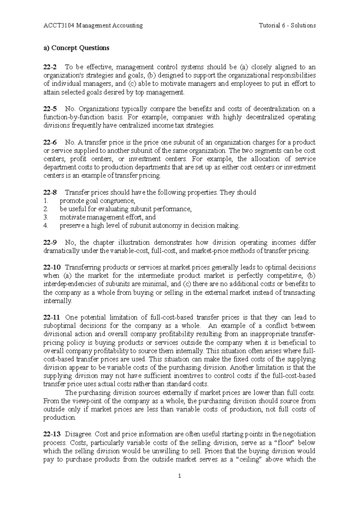 acct 3104 Tutorial 6 - tutorial Solutions - a) Concept Questions 22-2 ...