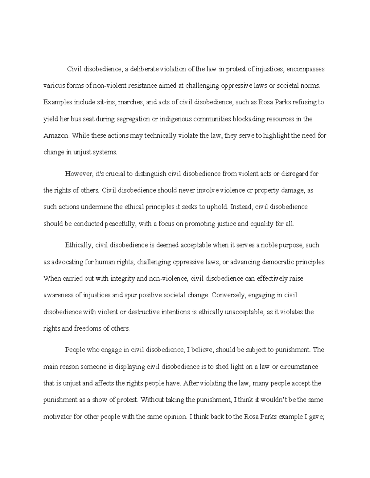 Journal 4-2 - Received an A. - Civil disobedience, a deliberate ...