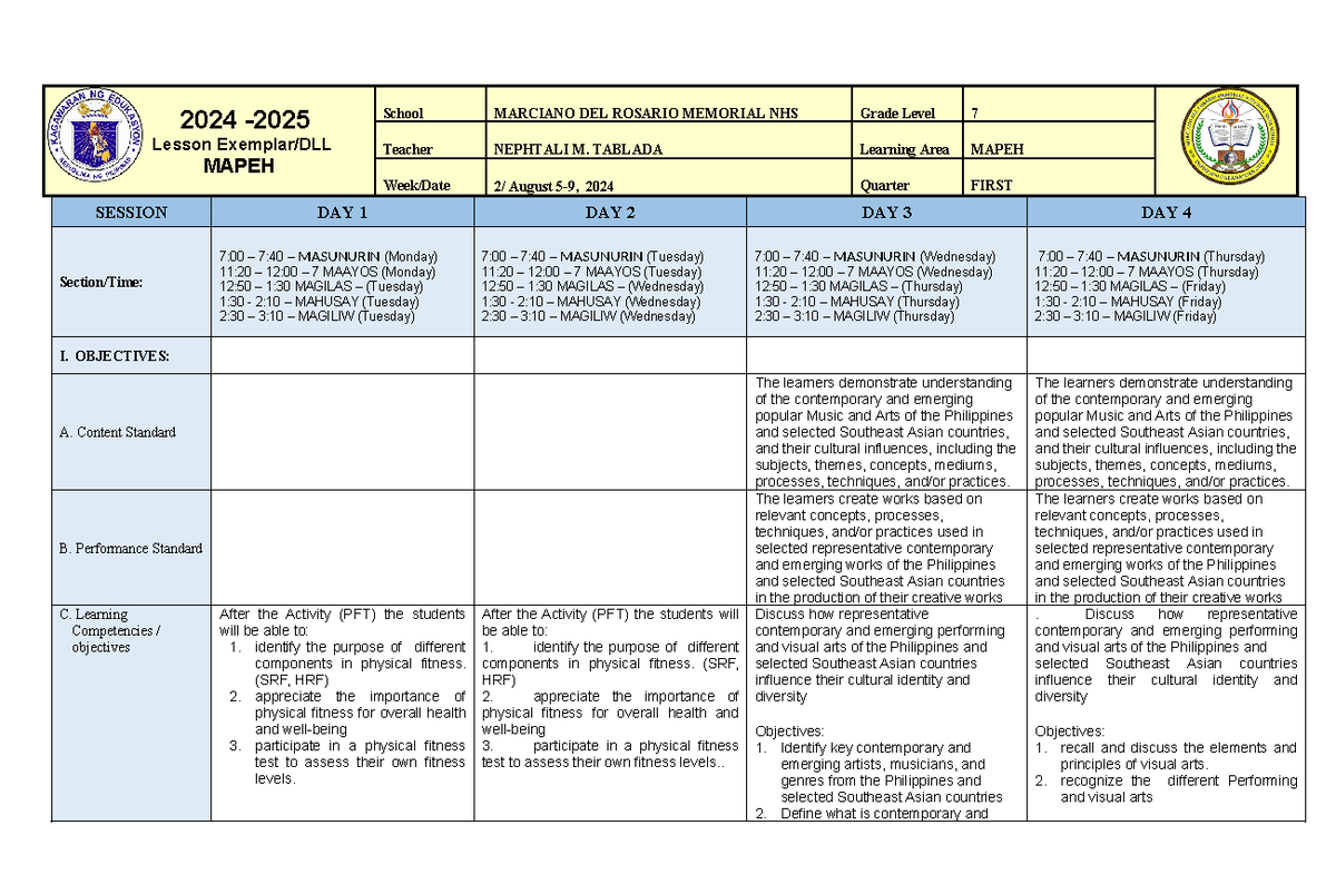 WEEK 2 August 5-9 - dll - 2024 - Lesson Exemplar/DLL MAPEH School ...