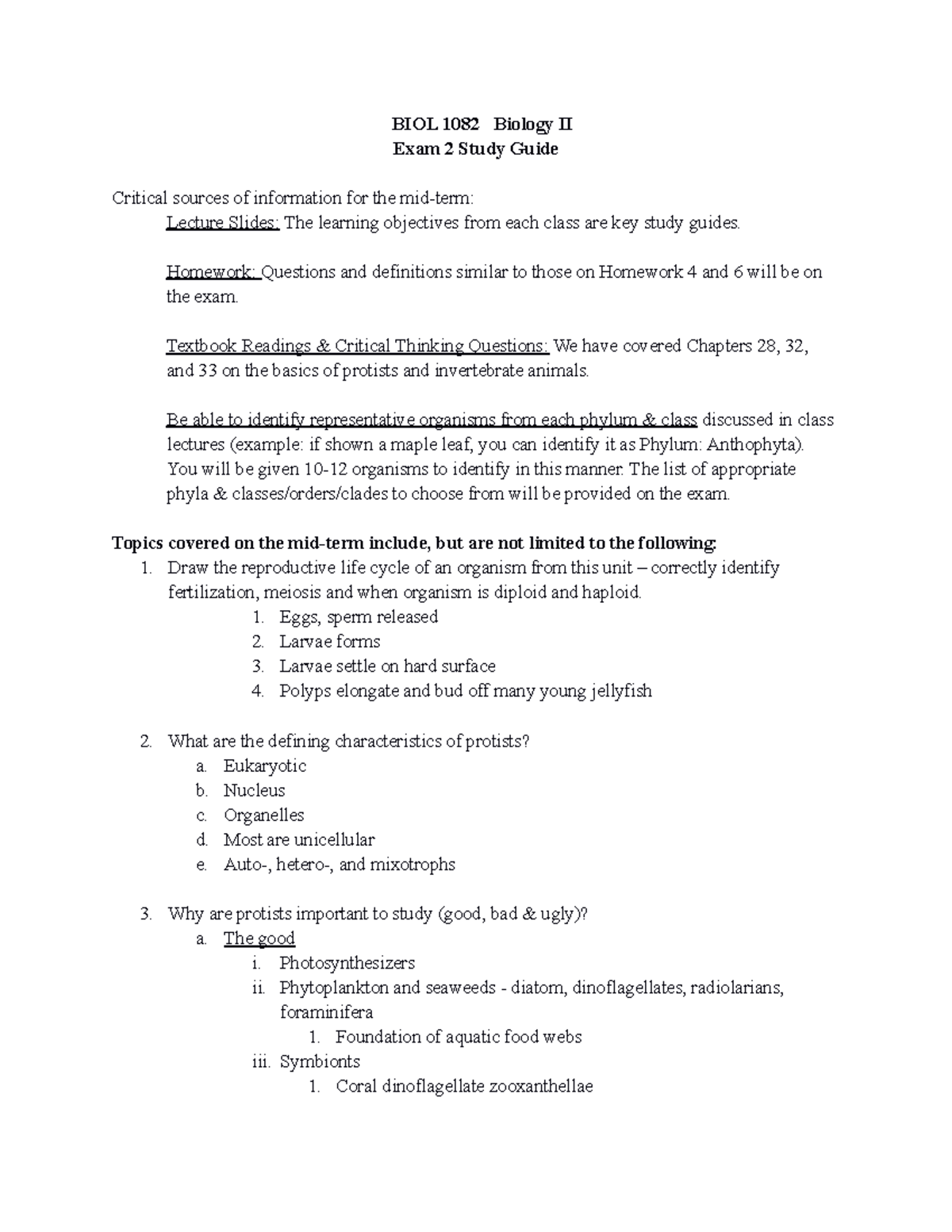 Bio Study Guide - BIOL 1082 Biology II Exam 2 Study Guide Critical ...