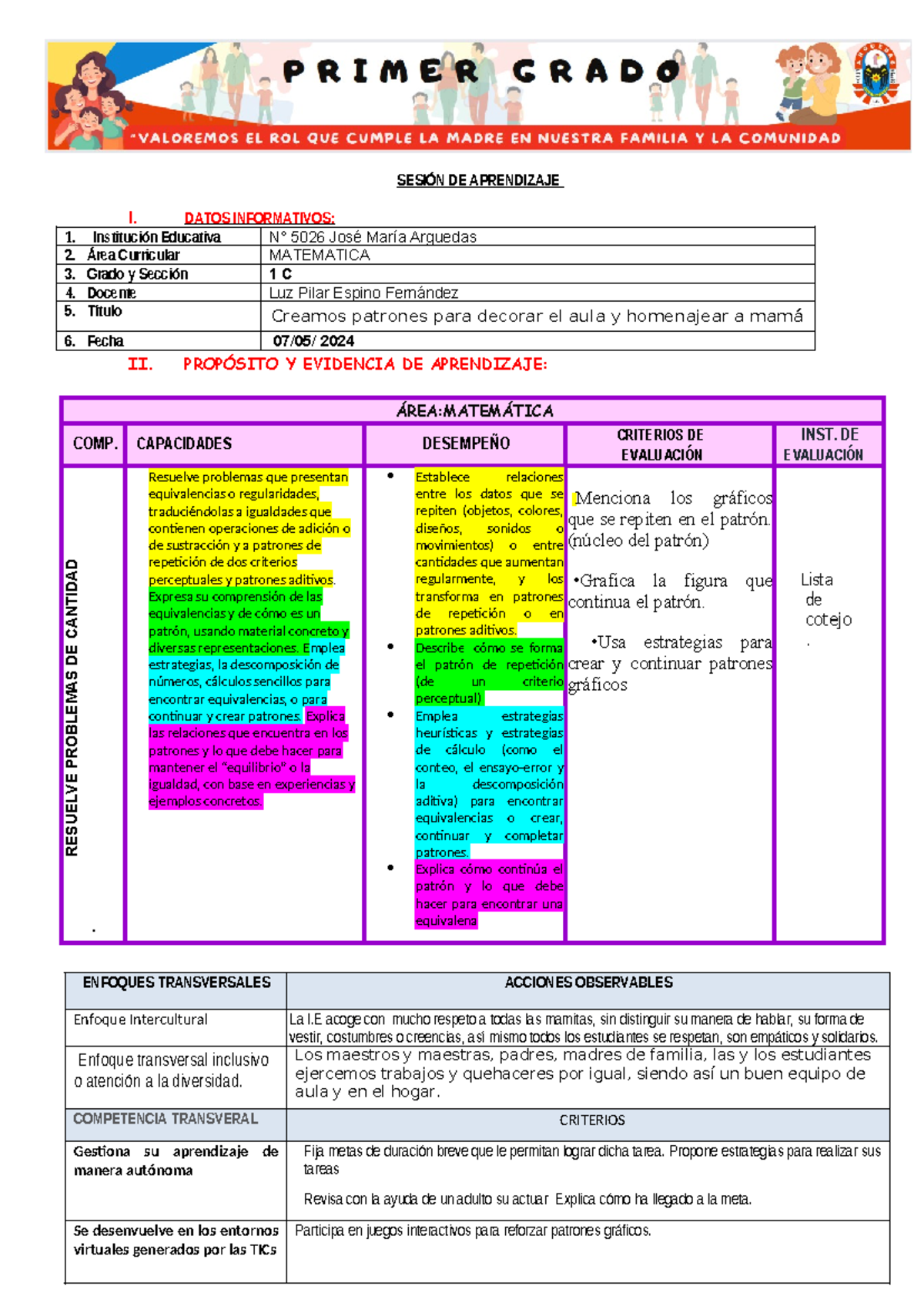Sesion DE Patrones Graficos - SESIÓN DE APRENDIZAJE I. DATOS INFORMATIVOS: 1. Institución ...