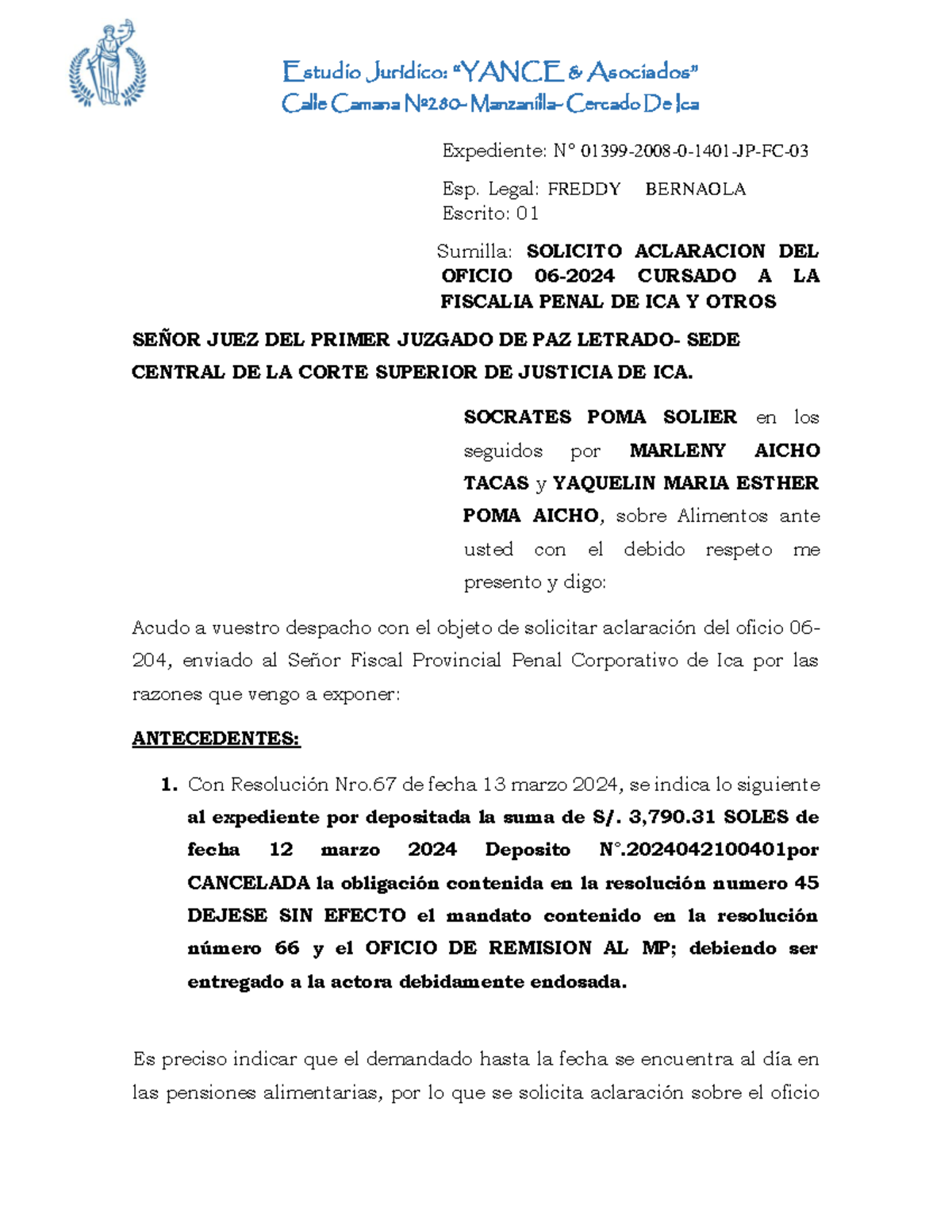Aclaracion Socrates - aclaración de oficio remitido a MP - Estudio ...