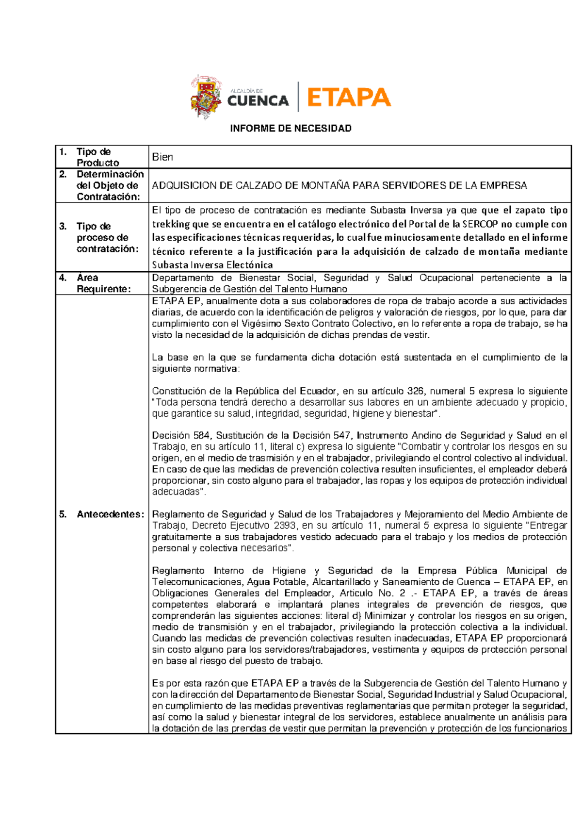 1 Informe DE Necesidad Calzado DE Montaña 2024-signed - INFORME DE NECESIDAD Tipo de Producto ...