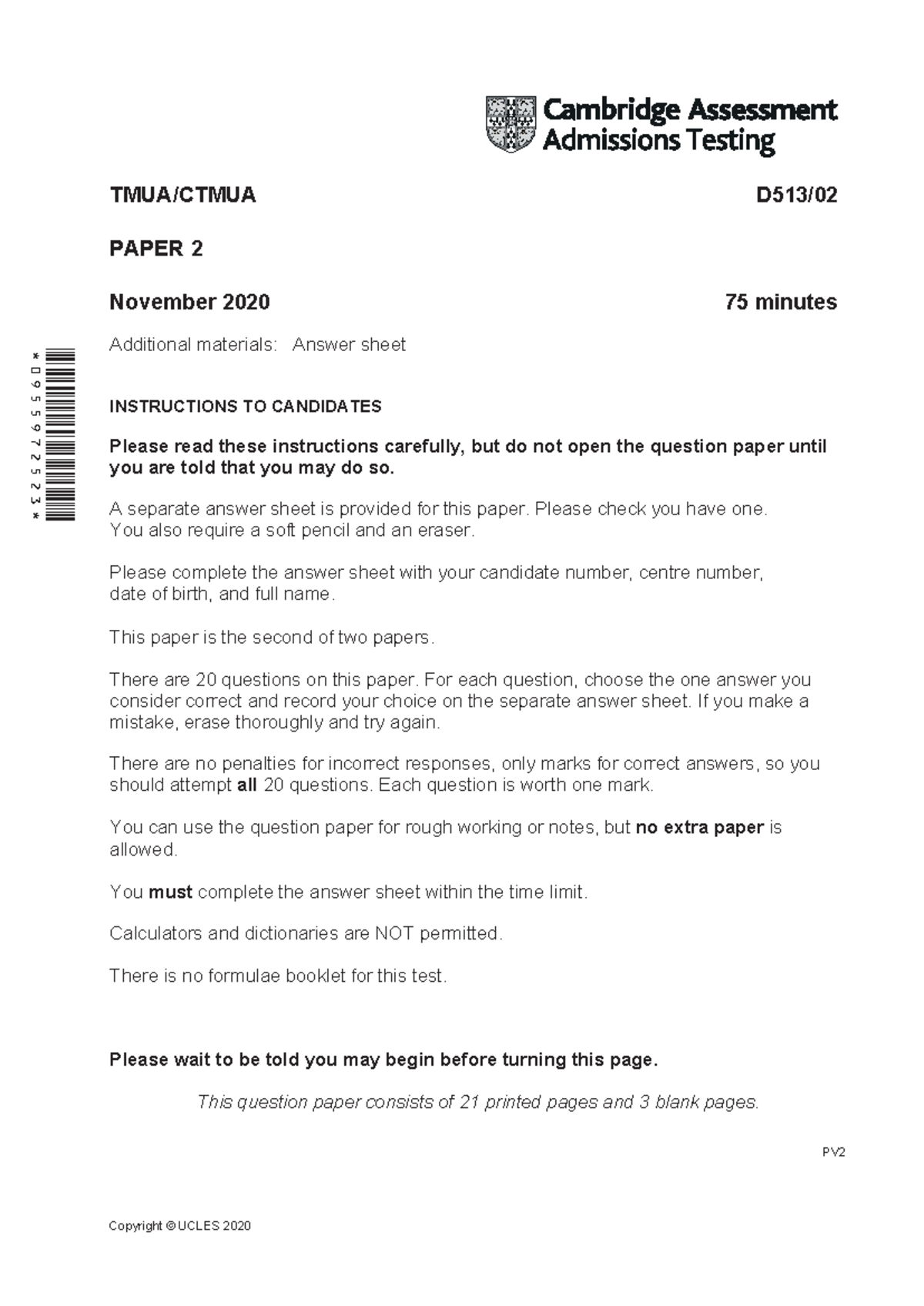 616956 past paper tmua 2020 paper 2 - Copyright © UCLES 2020 - Studocu