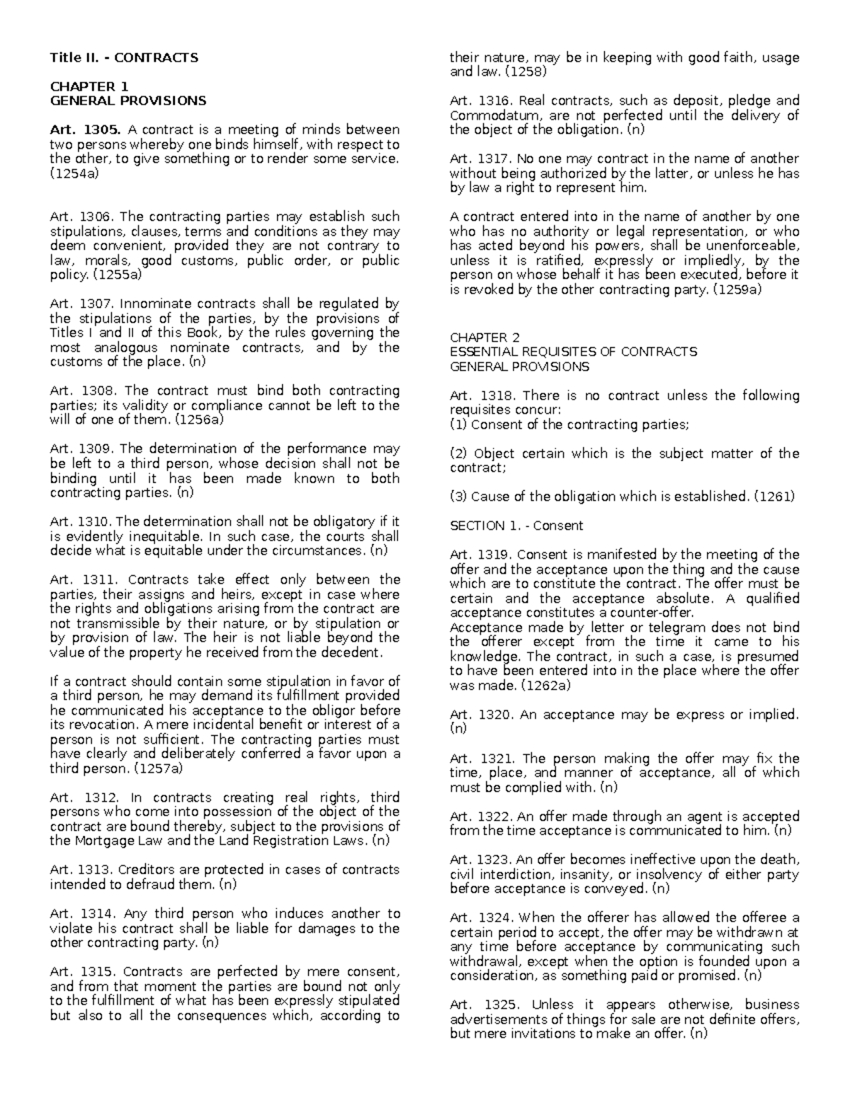 Title II - PROVISION OF CONTRACTS - Title II. - CONTRACTS CHAPTER 1 GENERAL PROVISIONS Art. 1305 ...