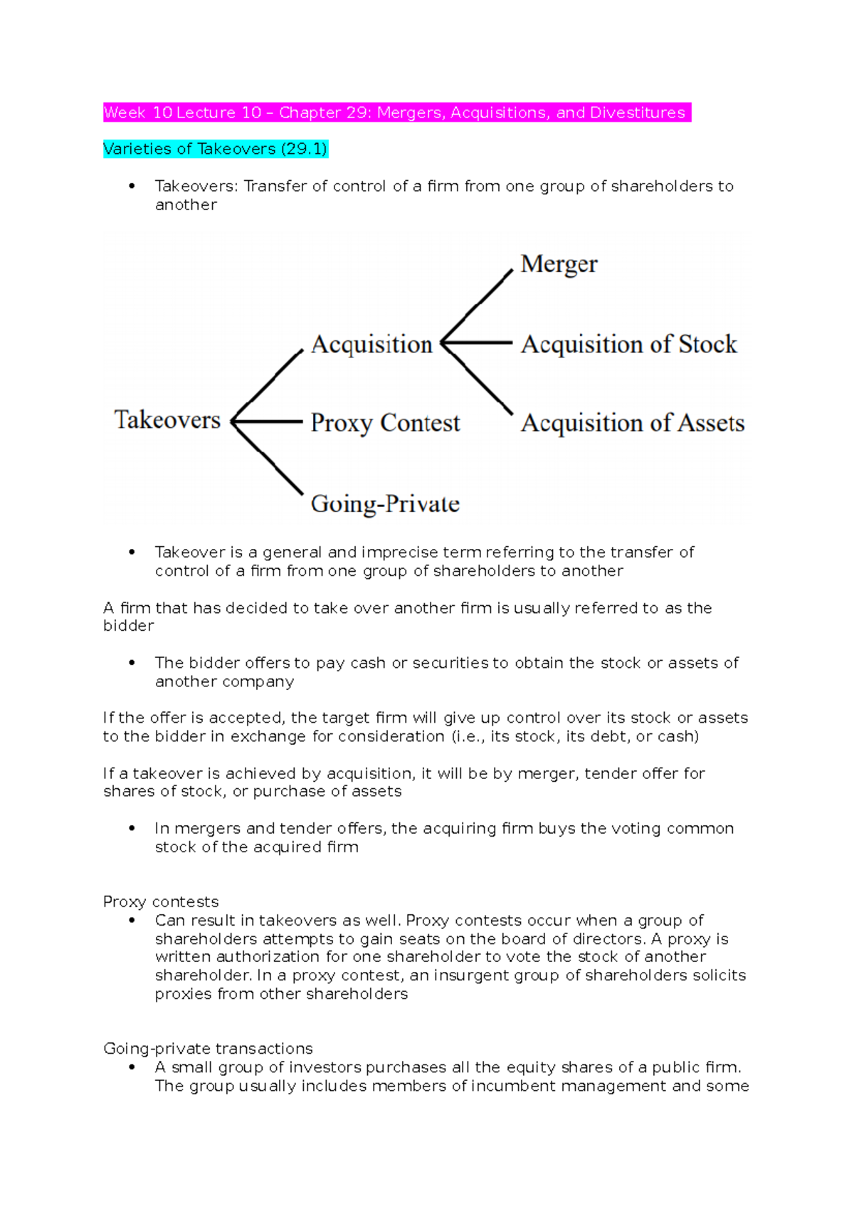 Week 10 Lecture 10 Textbook Lecture Slides Notes Week 10 Lecture 10 Chapter 29 Mergers 