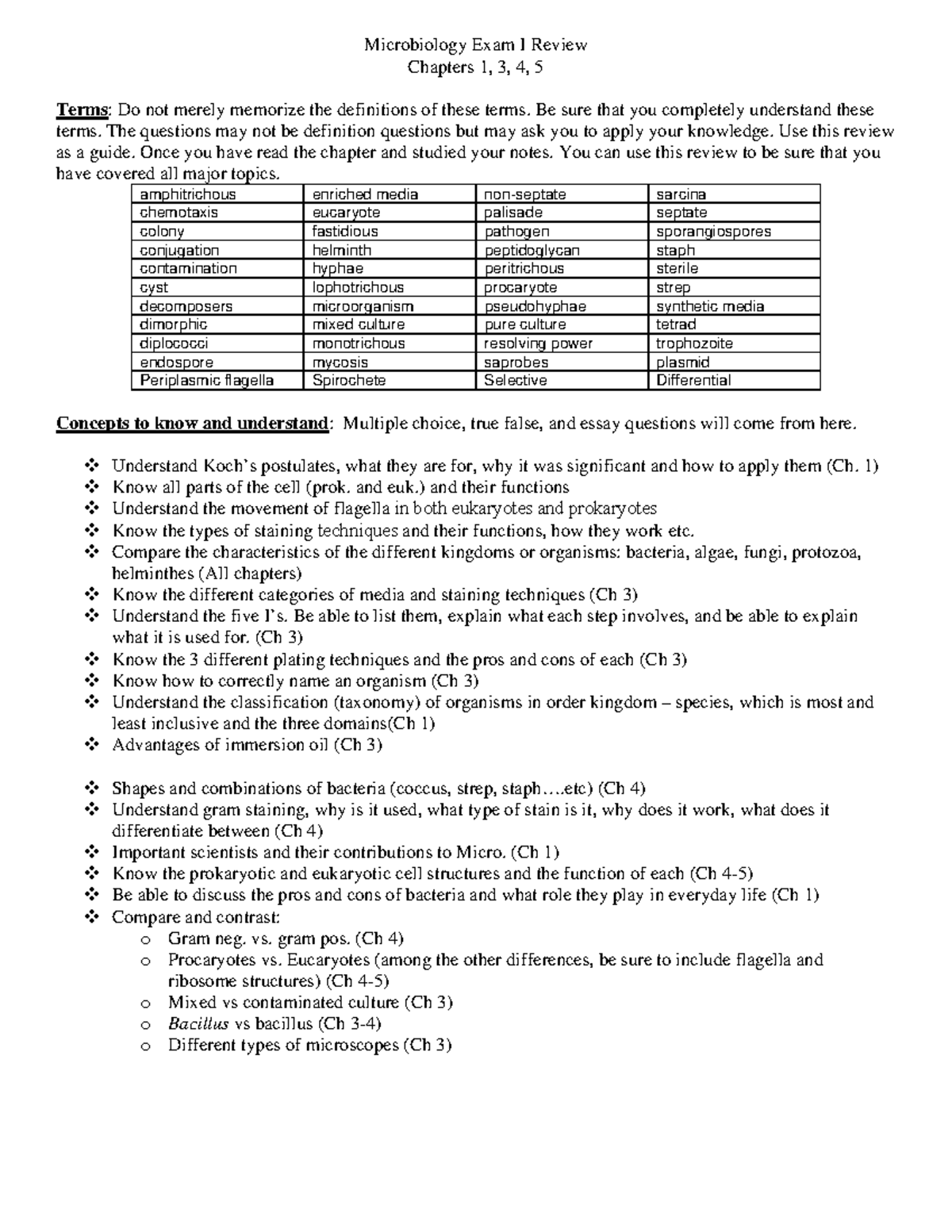 Microbiology Exam I Review - Microbiology Exam I Review Chapters 1, 3 ...