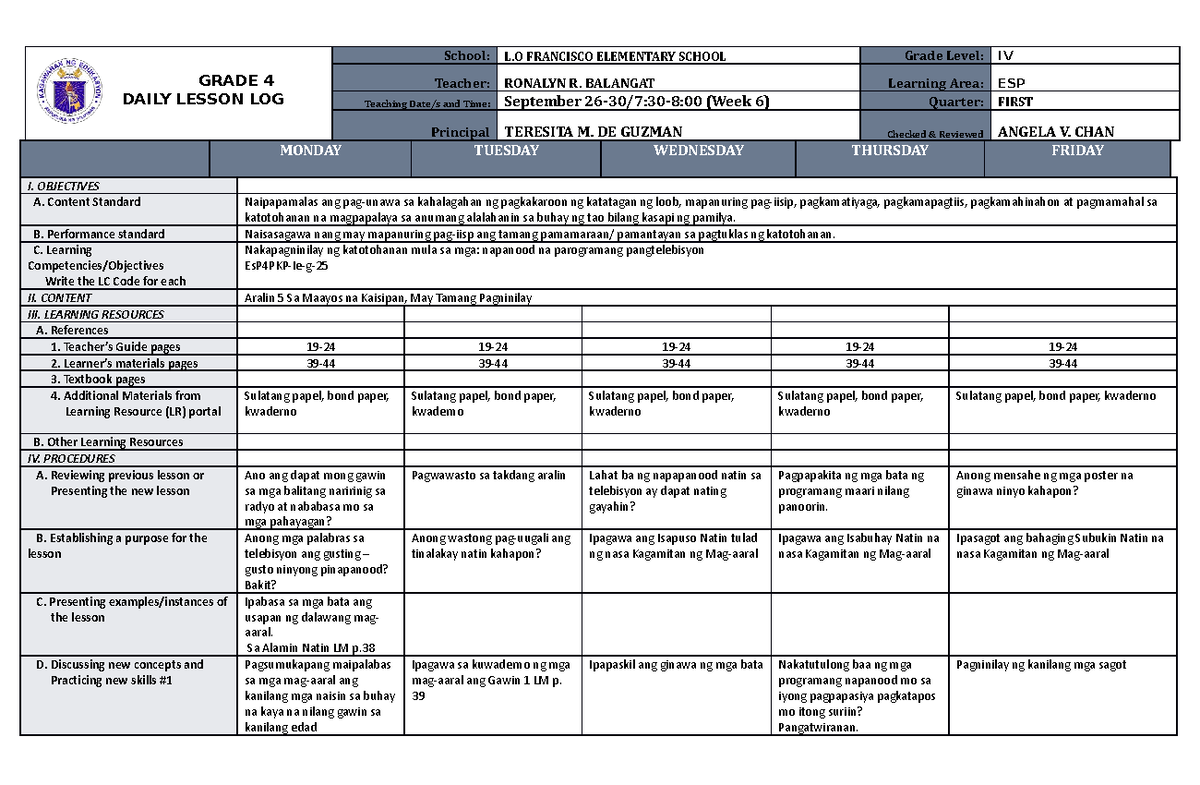 DLL ESP 4 Q1 W5 - dll - GRADE 4 DAILY LESSON LOG School: L FRANCISCO ...