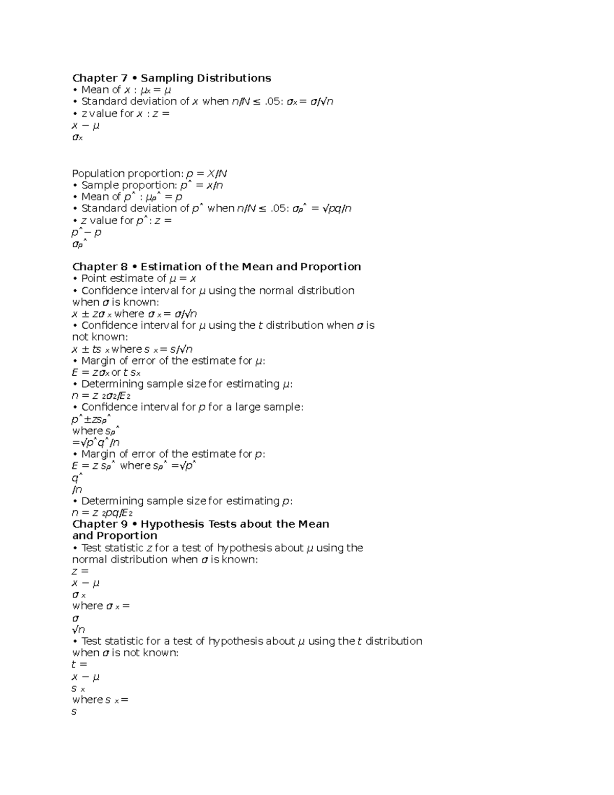 Cheat sheet Final - Chapter 7 • Sampling Distributions Mean of x : μx ...