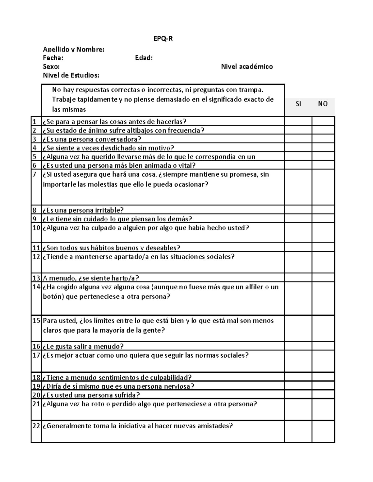 eysenk test psicologico para aplicación - EPQ-R Apellido y Nombre ...