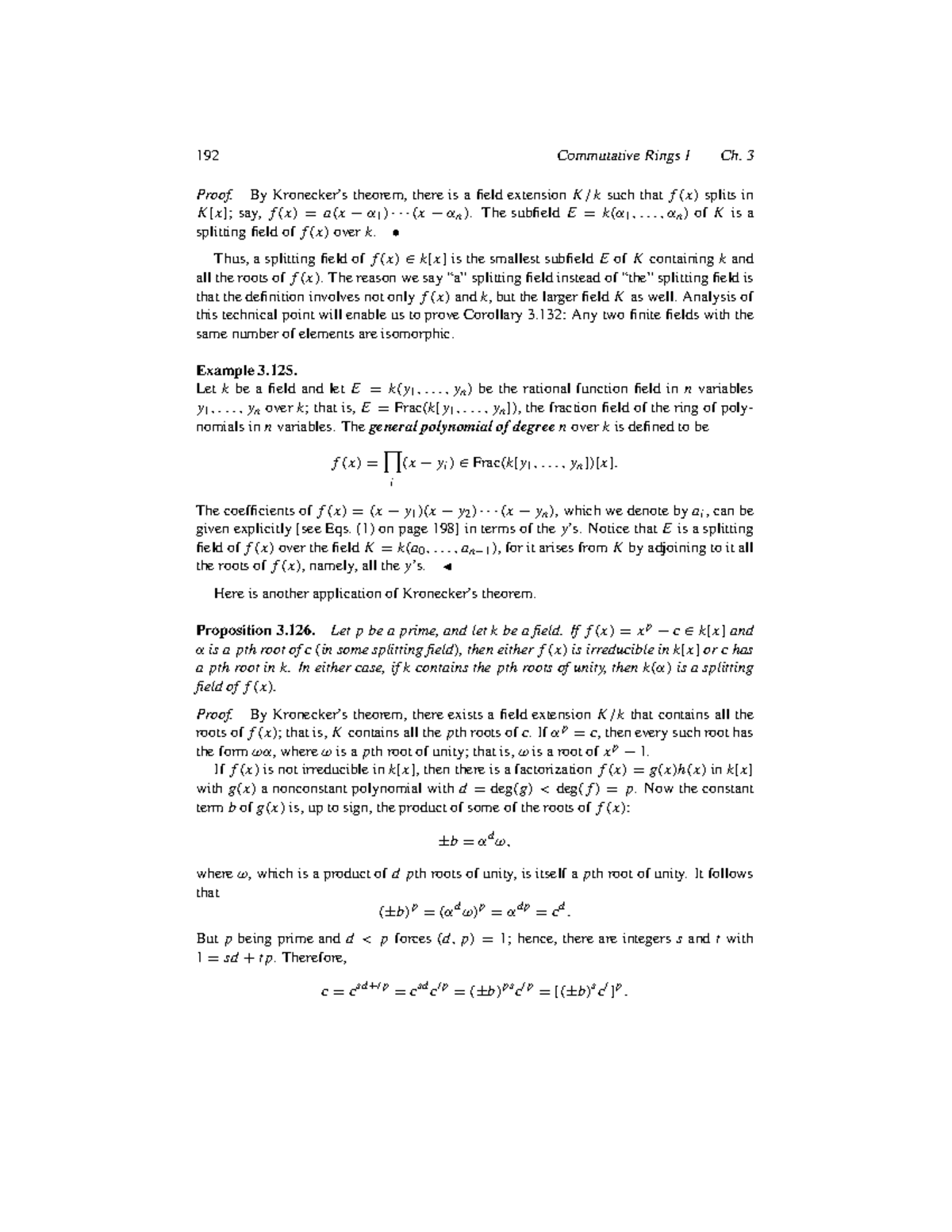 Basic Algebra 101 - 192 Commutative Rings I Ch. 3 Proof. By Kronecker’s ...