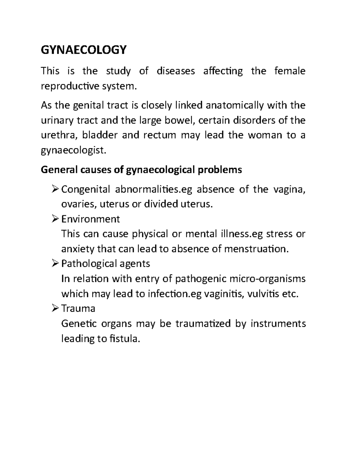 Gynaecology MGYN - GYNAECOLOGY This is the study of diseases affecting ...