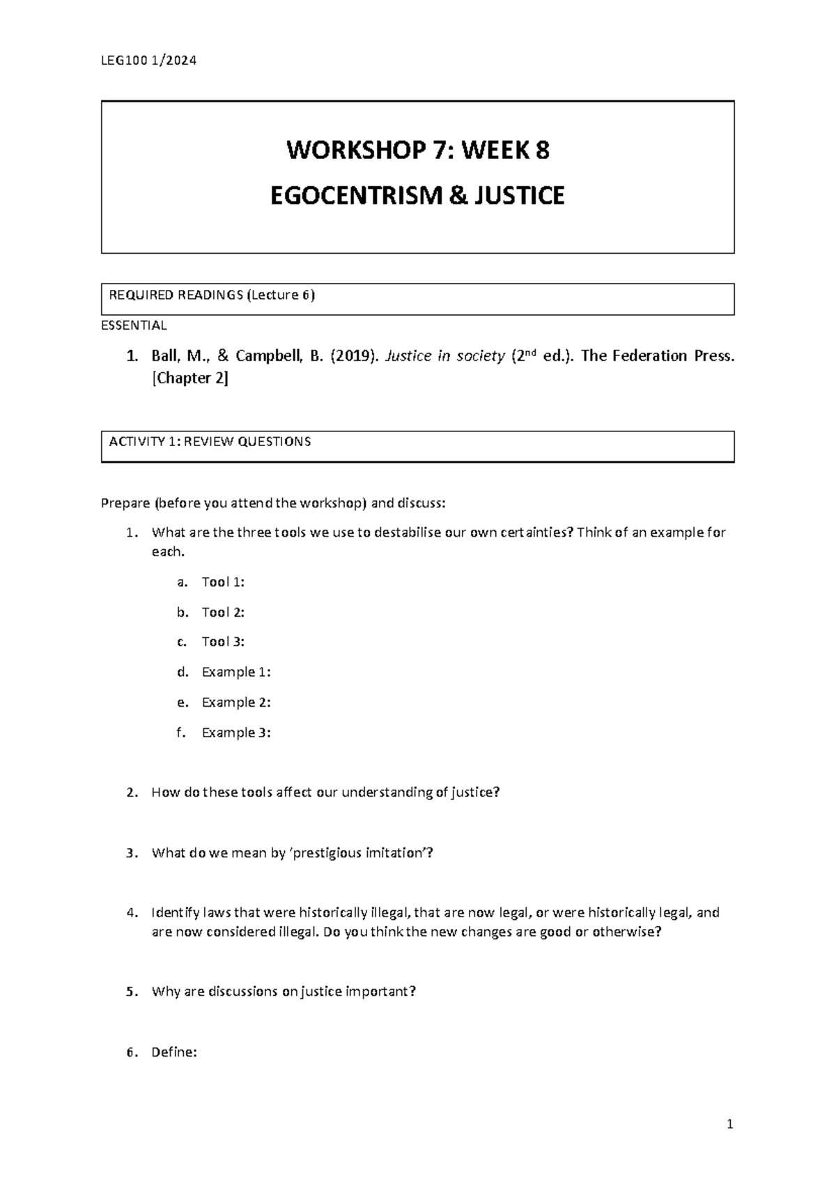 Workshop 7 students - LEG100 1 /202 4 1 WORKSHOP 7 : WEEK 8 EGOCENTRISM ...