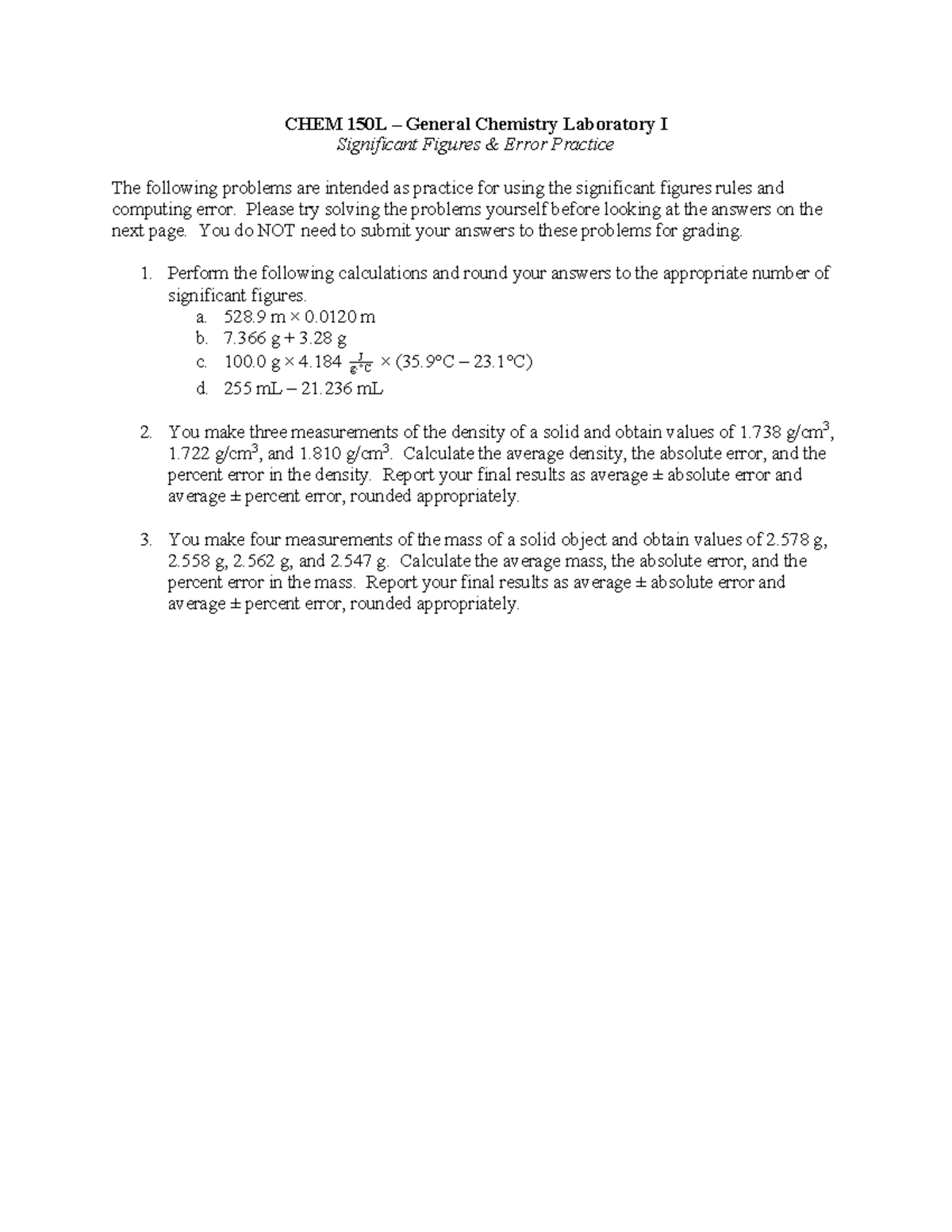150L error practice - Assignment and Course Note - CHEM 150L – General Chemistry Laboratory I ...