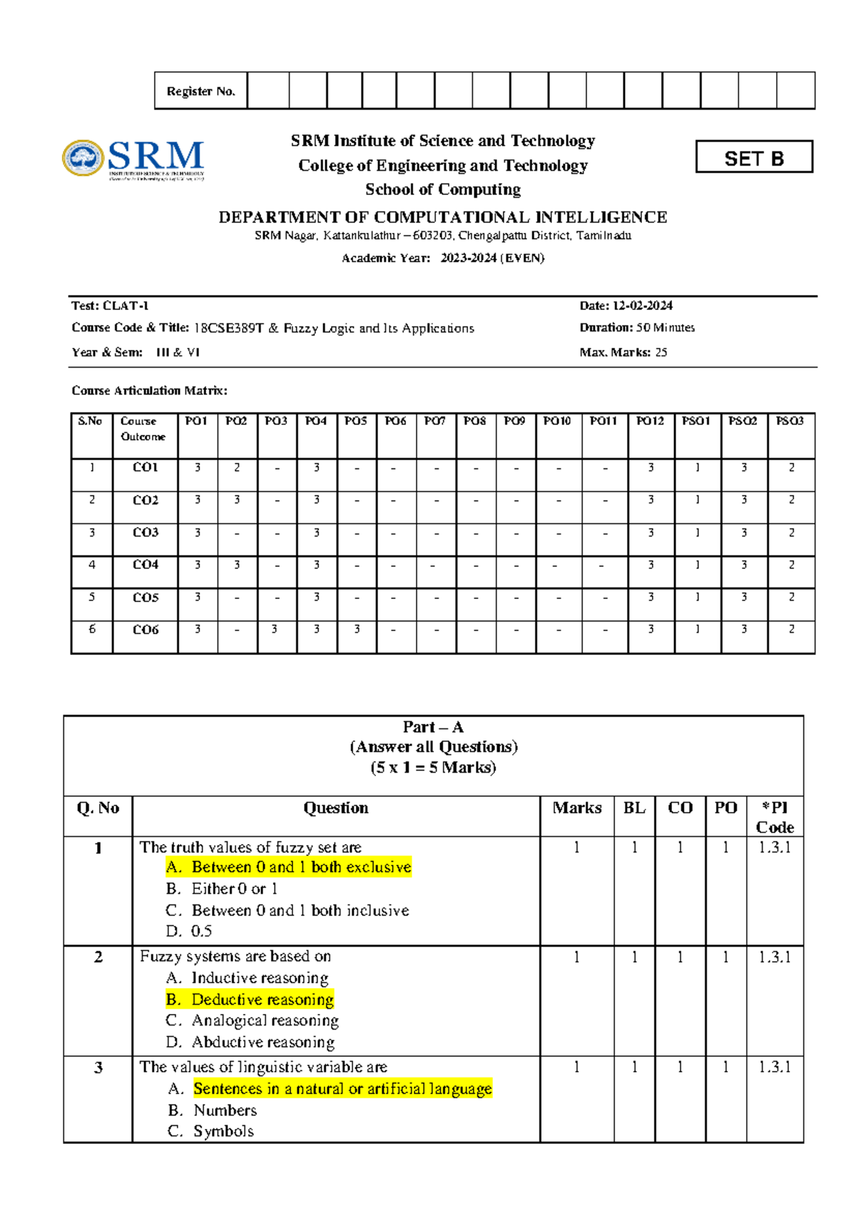 Fla Ct1 Set B Key Fuzzy Logic Ct 1 Paper Register No Srm Institute Of Science And