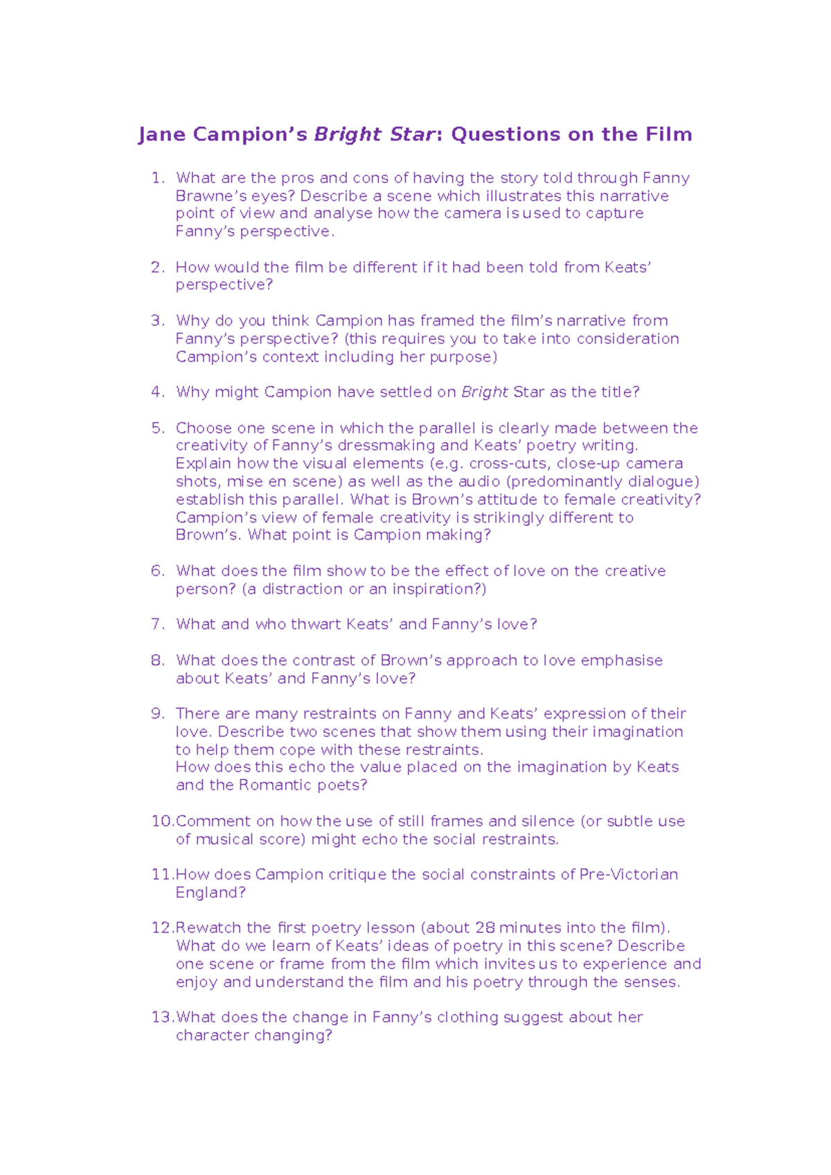 Questions on Film Bright Star - Jane Campion’s Bright Star: Questions ...