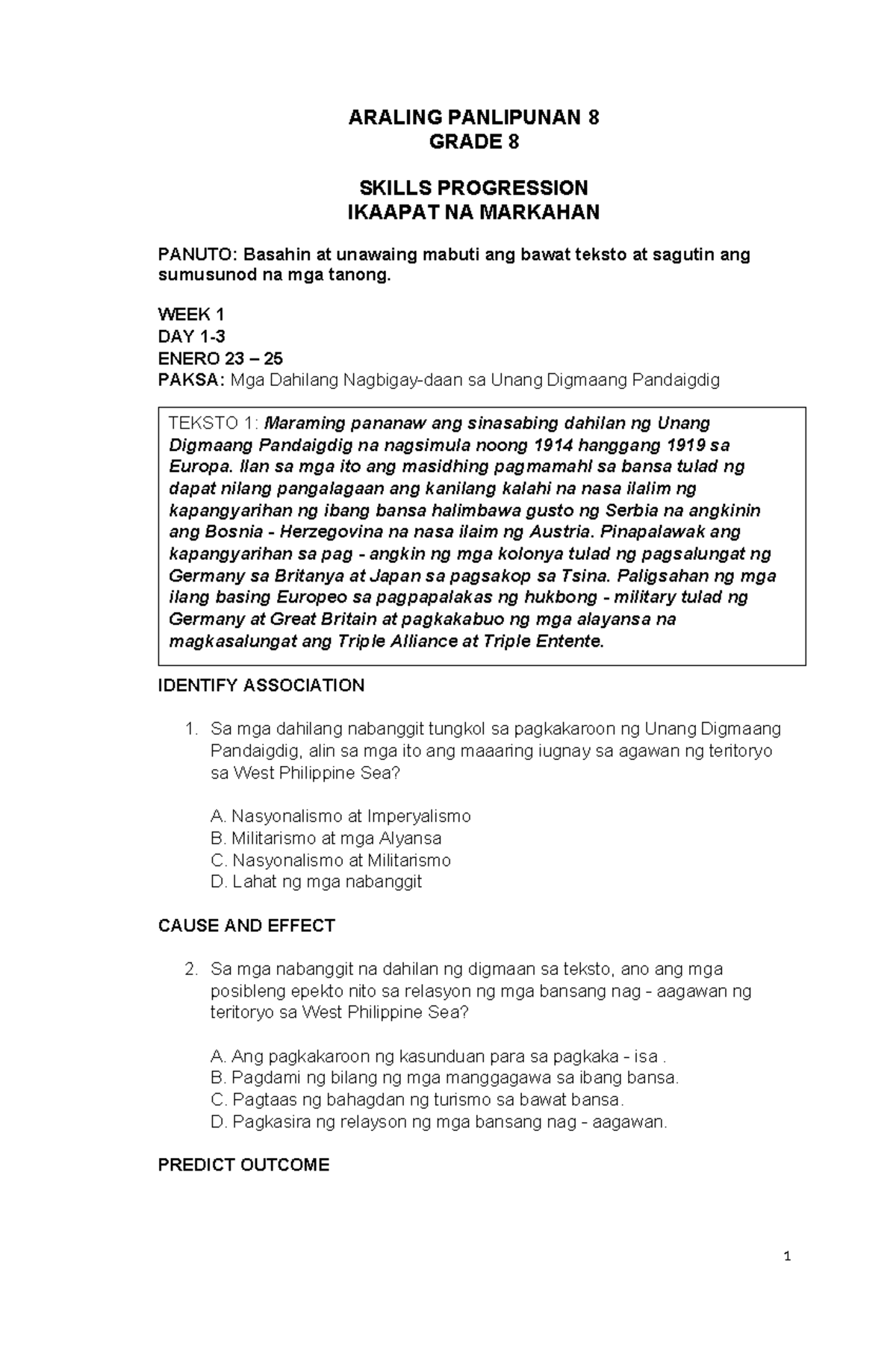 Skills Progression 4TH Quarter - ARALING PANLIPUNAN 8 GRADE 8 SKILLS ...