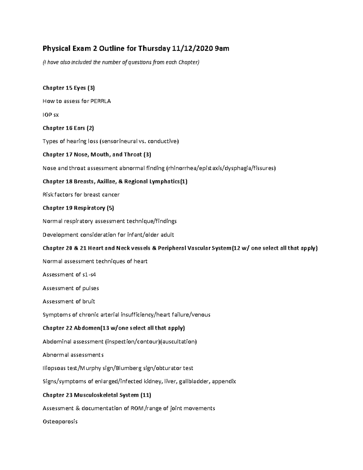 PA Exam 2 Review - HELPED ME STUDY! - Physical Exam 2 Outline for ...