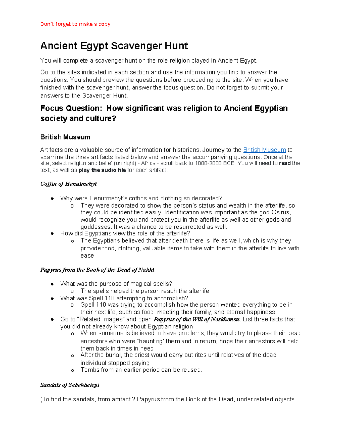 Ancient Egypt Scavenger Hunt - Go to the sites indicated in each ...