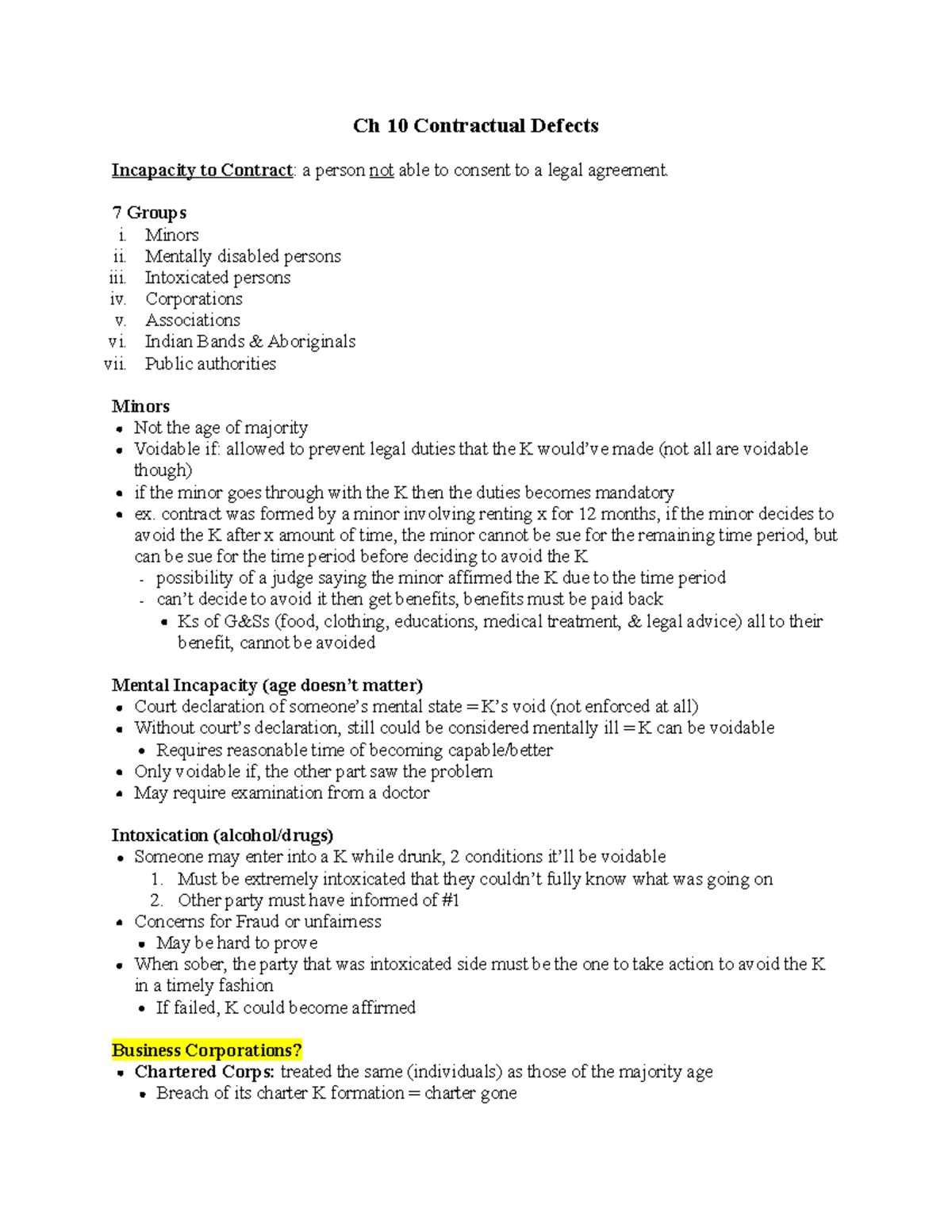 Ch 10 Summary - BLAW 1320 - Ch 10 Contractual Defects Incapacity to ...