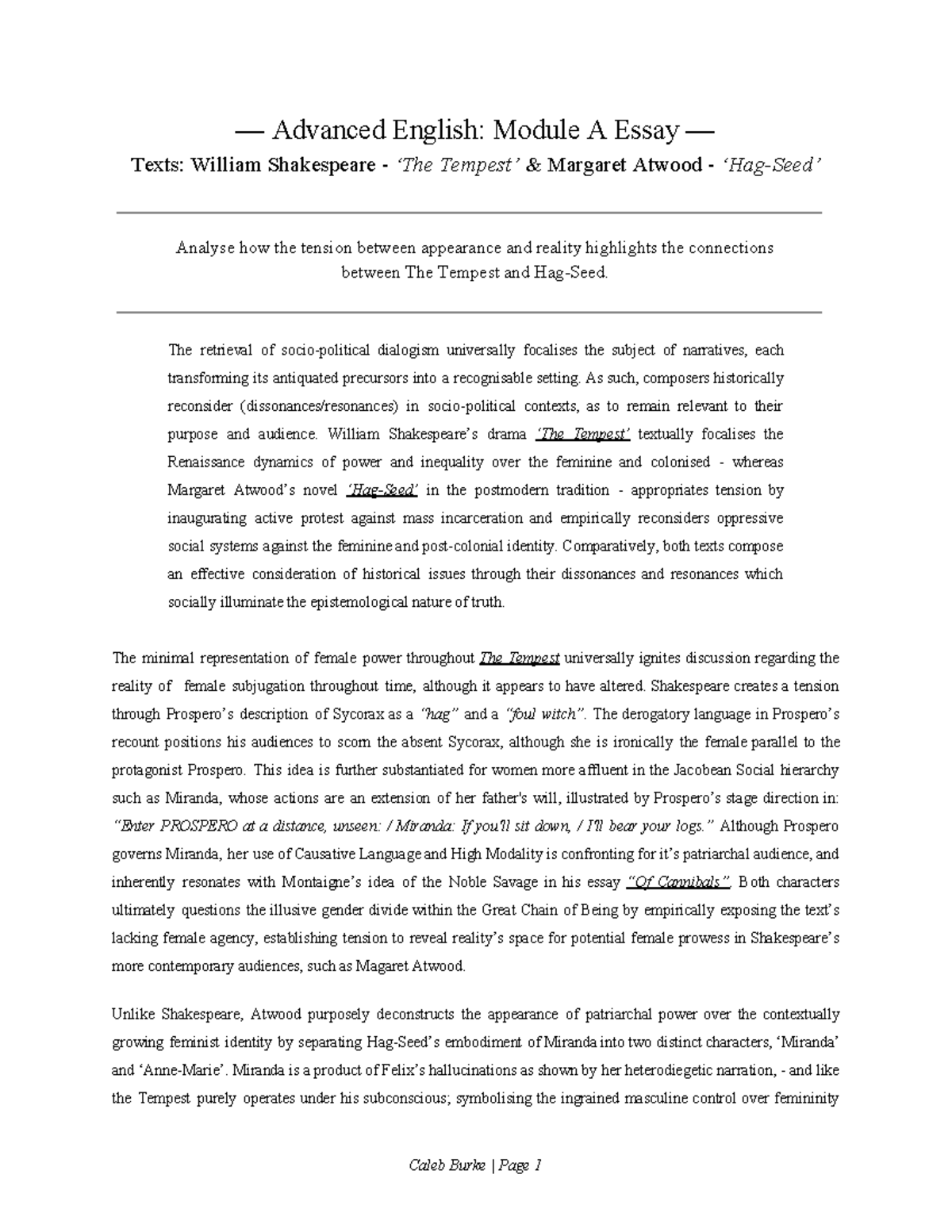 Tempest & Hag-Seed Essay - — Advanced English: Module A Essay — Texts ...