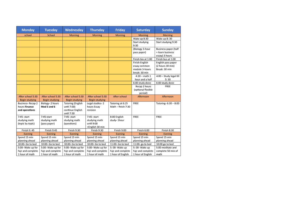 Study Schedule Template 01 - Monday Tuesday Wednesday Thursday Friday ...