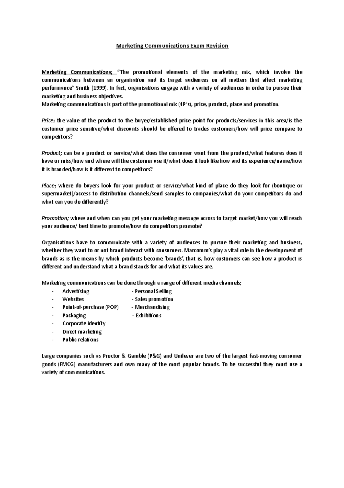 Marketing Communications Exam Revision 2 - Marketing Communications ...