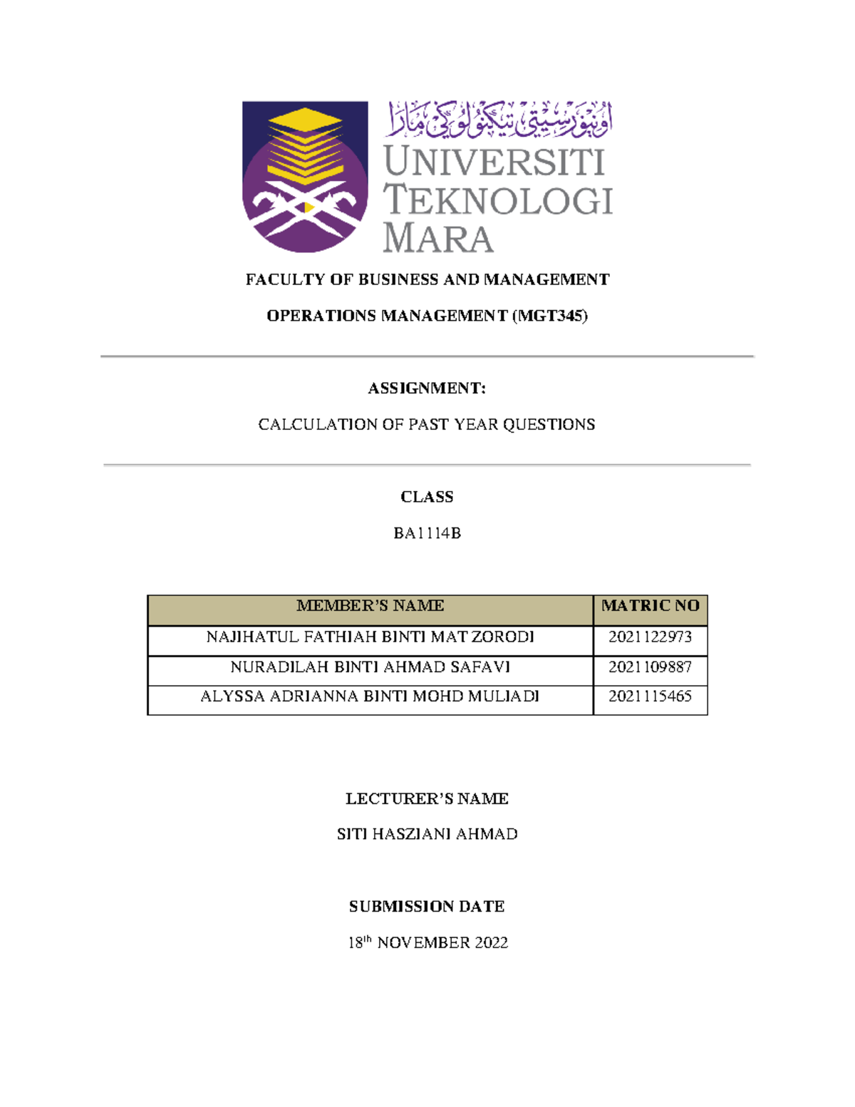 Assignment MGT345 Calculation PAST YEAR - FACULTY OF BUSINESS AND MANAGEMENT OPERATIONS ...