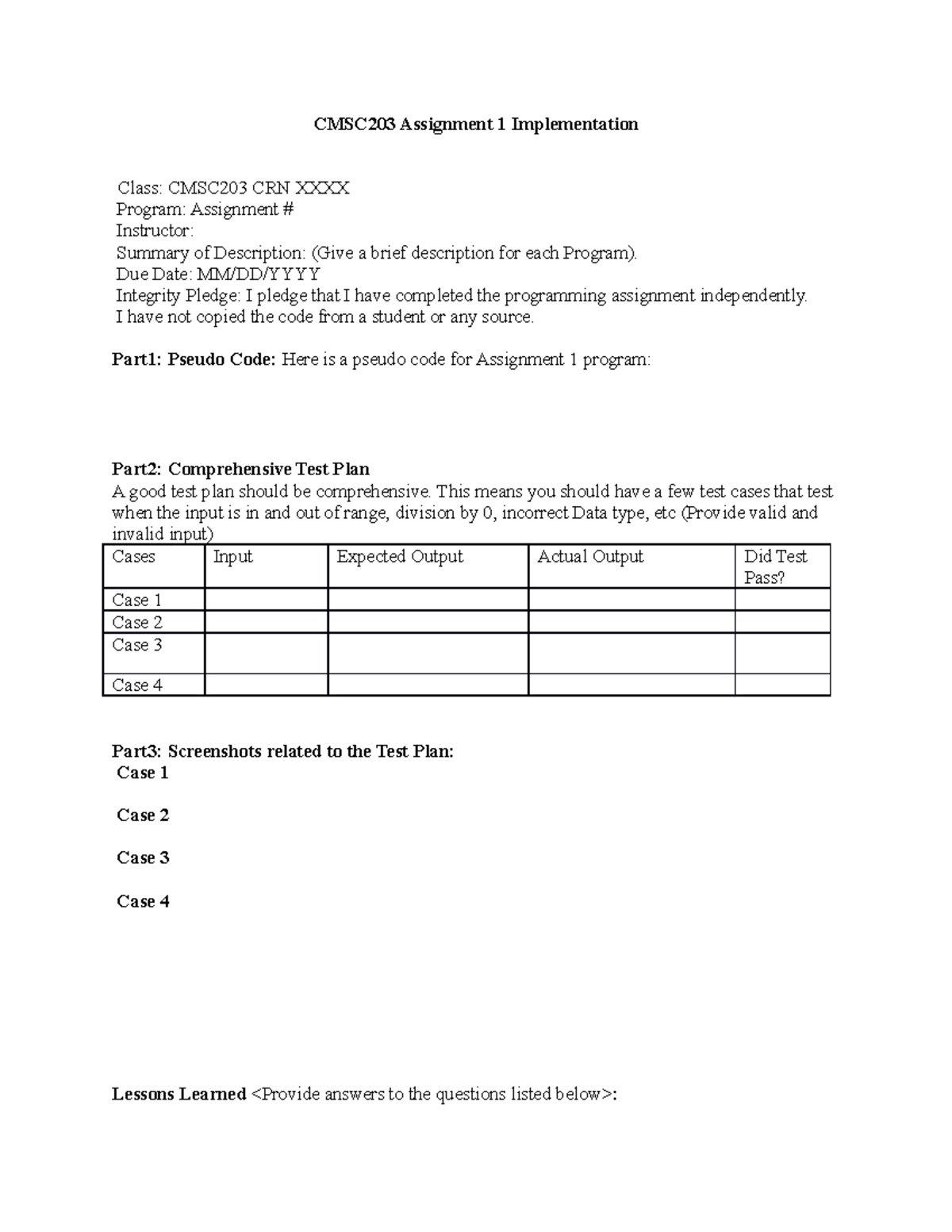 CMSC203 Assignment 1 Documentation Template Worksheet - CMSC203 Assignment 1 Implementation ...