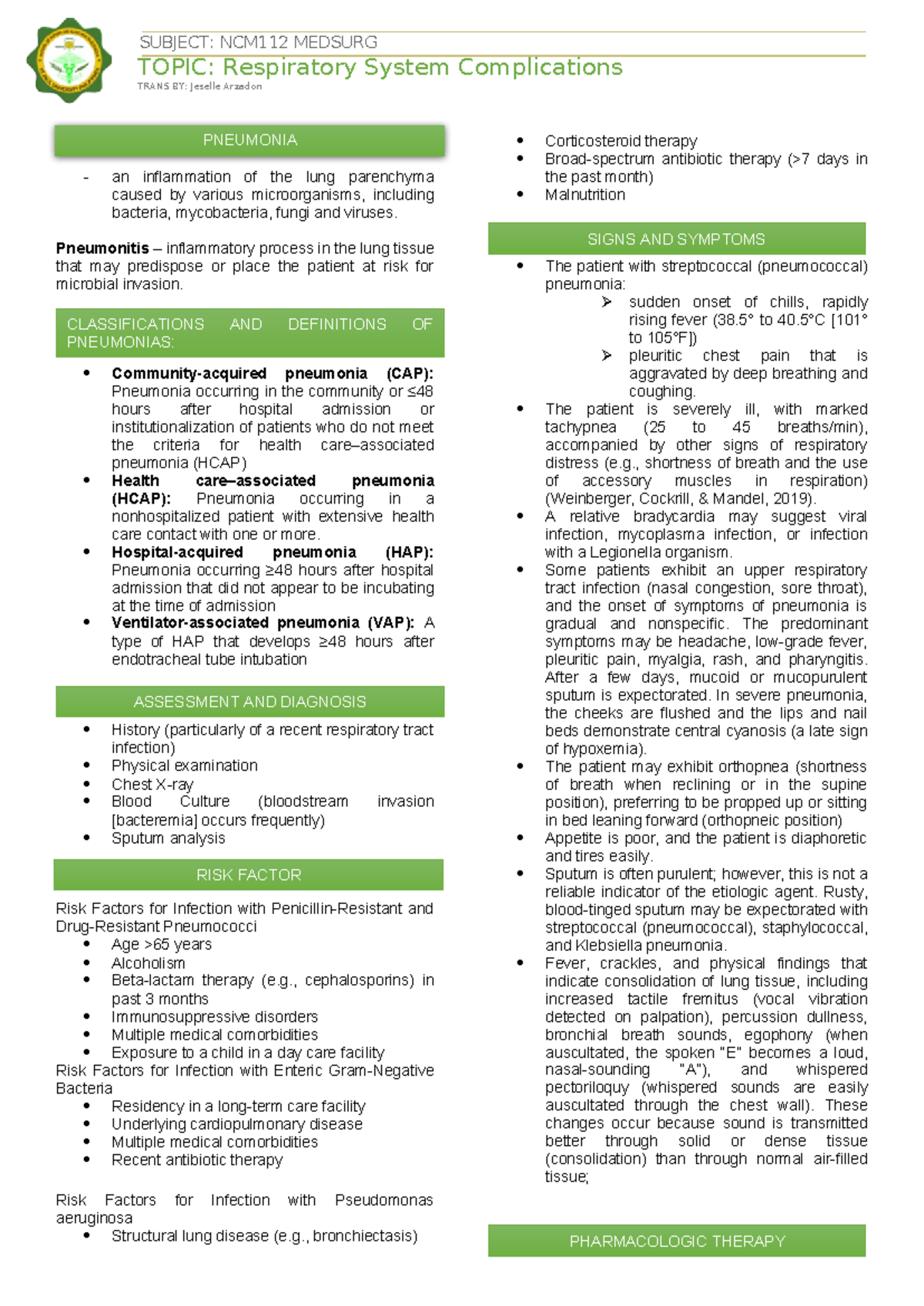 Upper Respiratory Reviewer - SUBJECT: NCM112 MEDSURG TOPIC: Respiratory ...