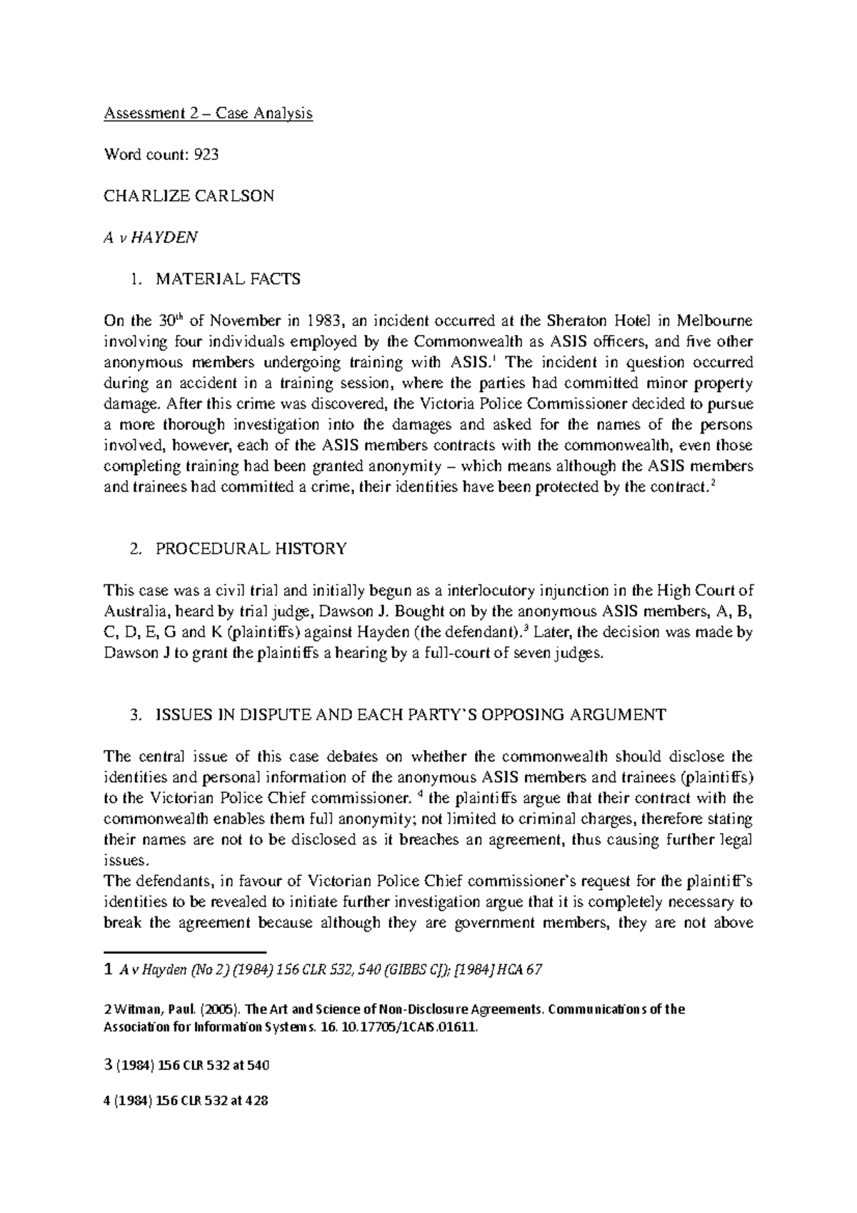 Case Analysis of A v Hayden - Assessment 2 – Case Analysis Word count ...