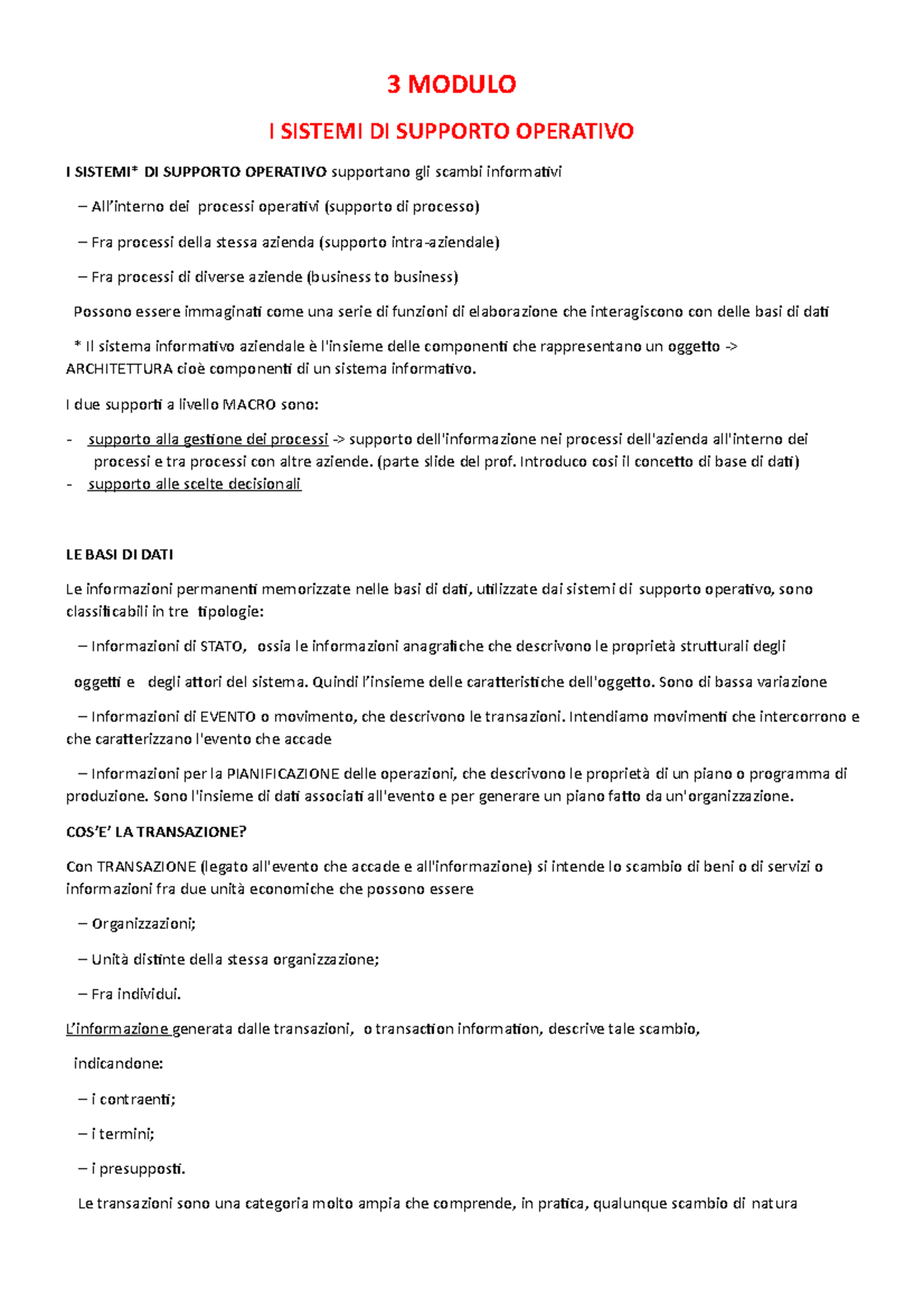 Riassunto completo 4 Modulo - 3 MODULO I SISTEMI DI SUPPORTO OPERATIVO ...