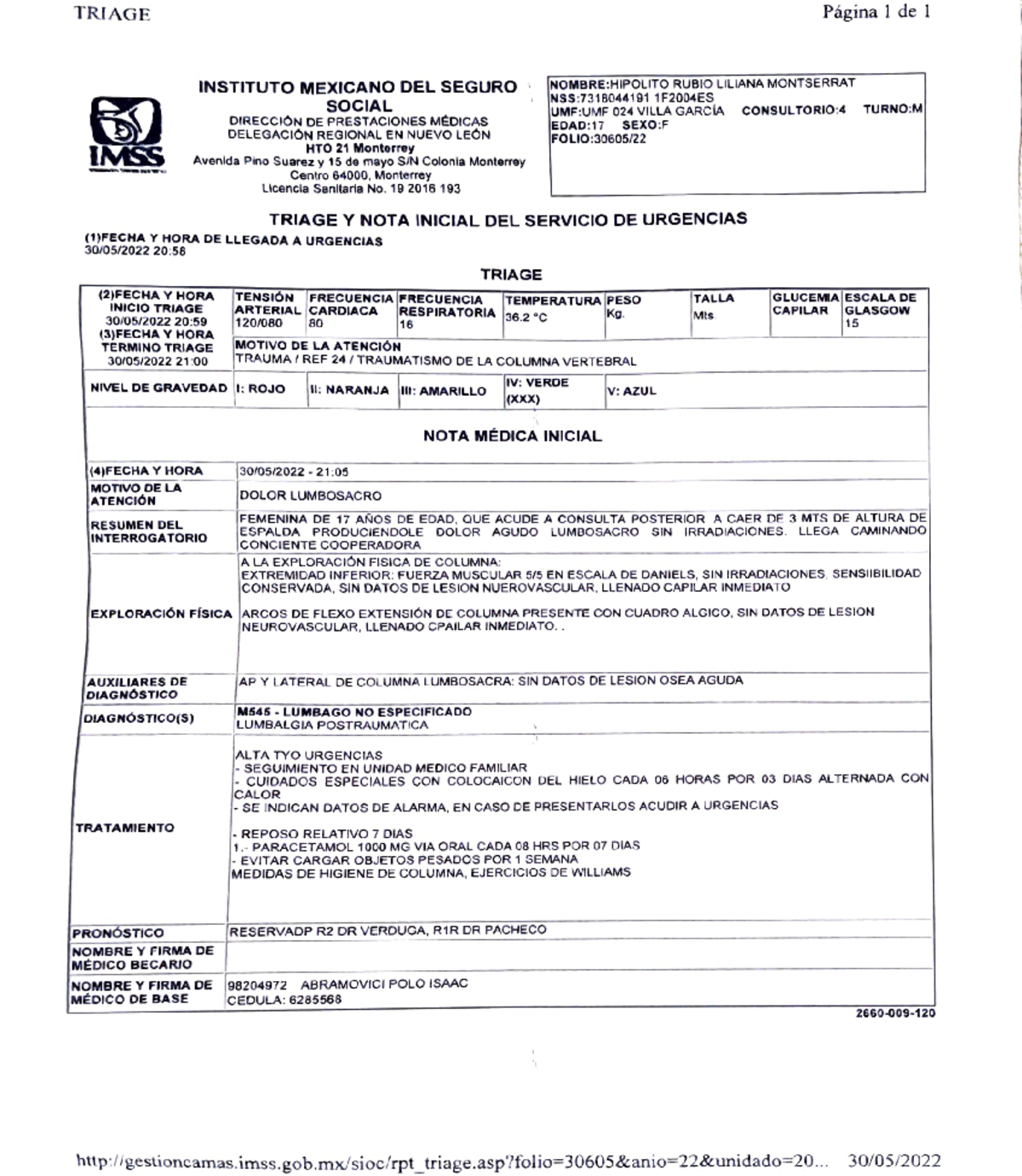 642899818 31 may 2022 pdf - TRIAGE Página 1 de 1 INSTITUTO MEXICANO DEL ...
