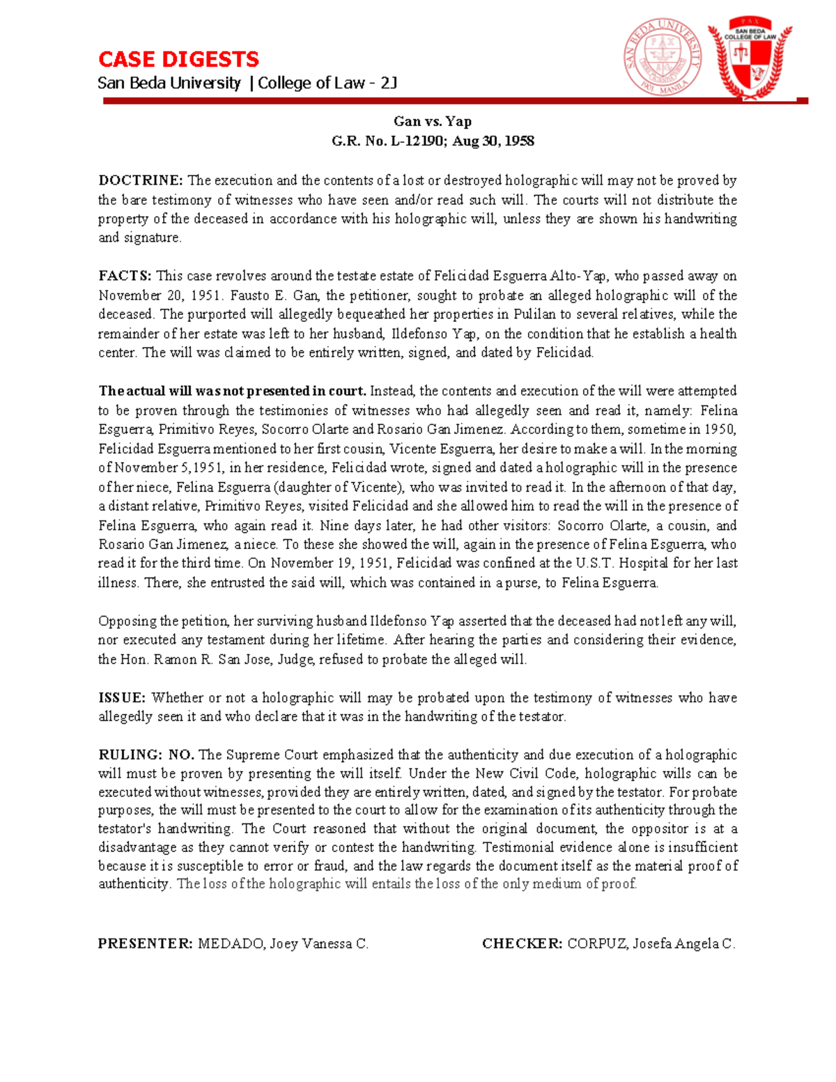 GAN-V-YAP - succession - CASE DIGESTS San Beda University | College of ...