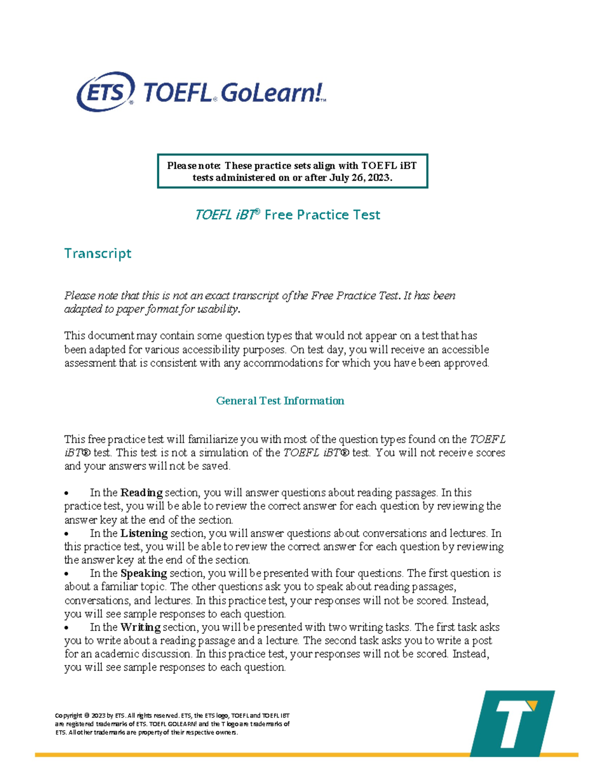 Toefl ibt free practice test - Please note: These practice sets align ...