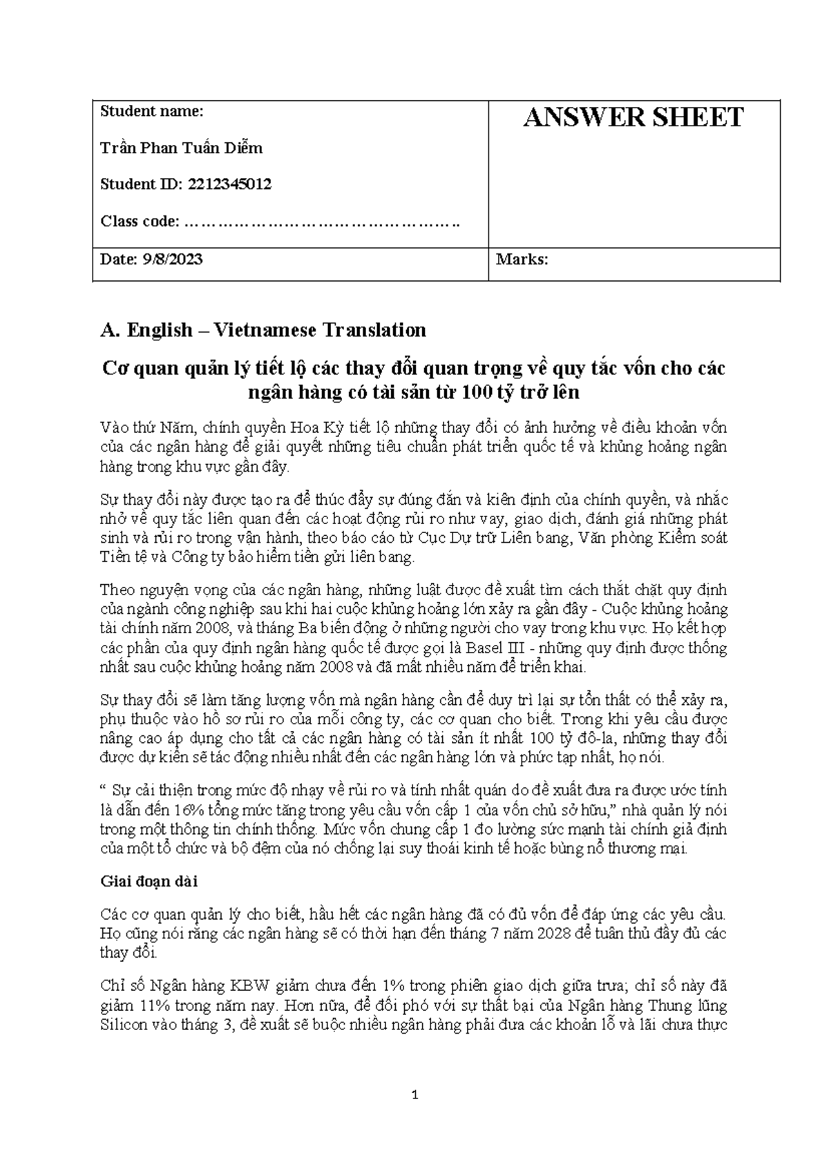 Answer sheet 2022 Updated - Student name: Trần Phan Tuấn Diễm Student ID: 2212345012 Class code ...