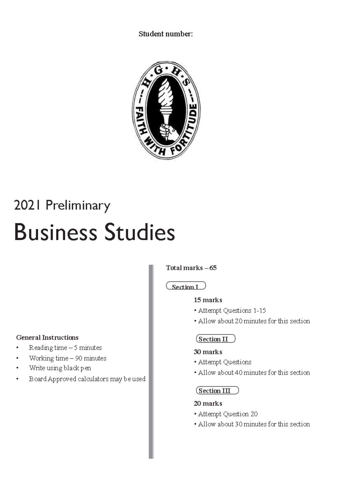 Hornsby Girls 2021 Business Studies Prelim Yearly - Student number ...