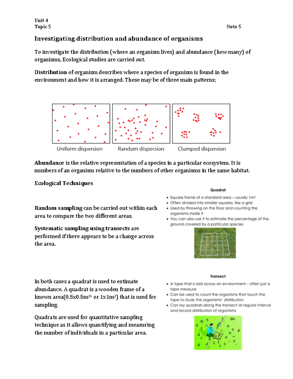 Note 5 Investigating distribution and abundance of organisms ...