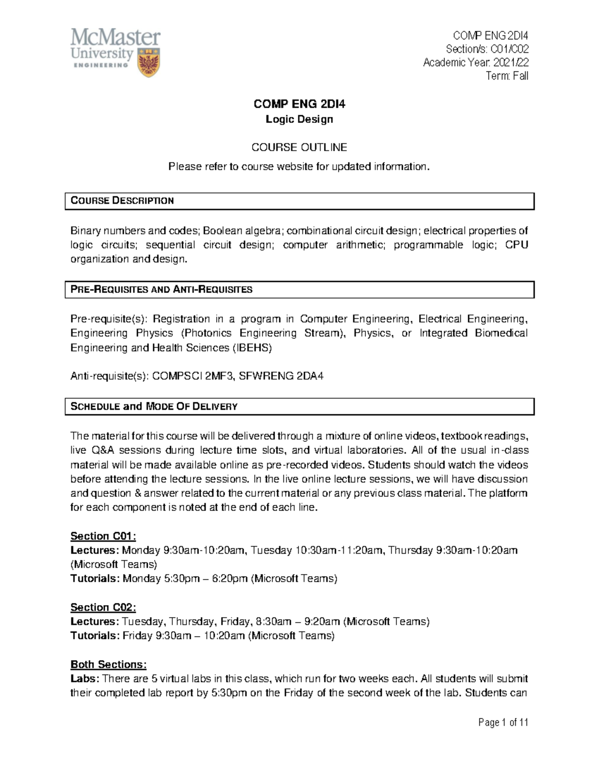 Compeng 2di4 outline fall 2021-22 - Section/s: C01/C Academic Year ...
