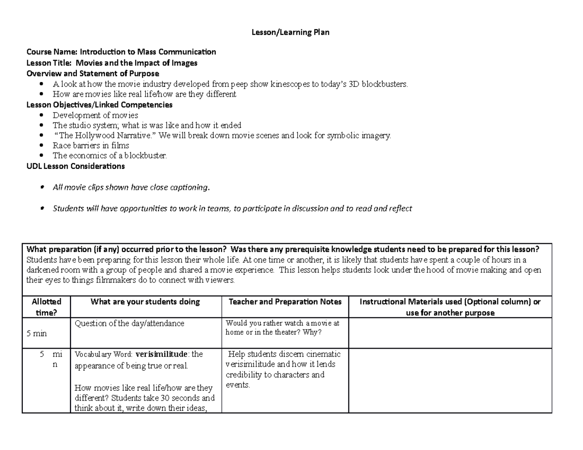 Lesson Plan Intro to Mass Comm Movies and the impact of images - Lesson ...